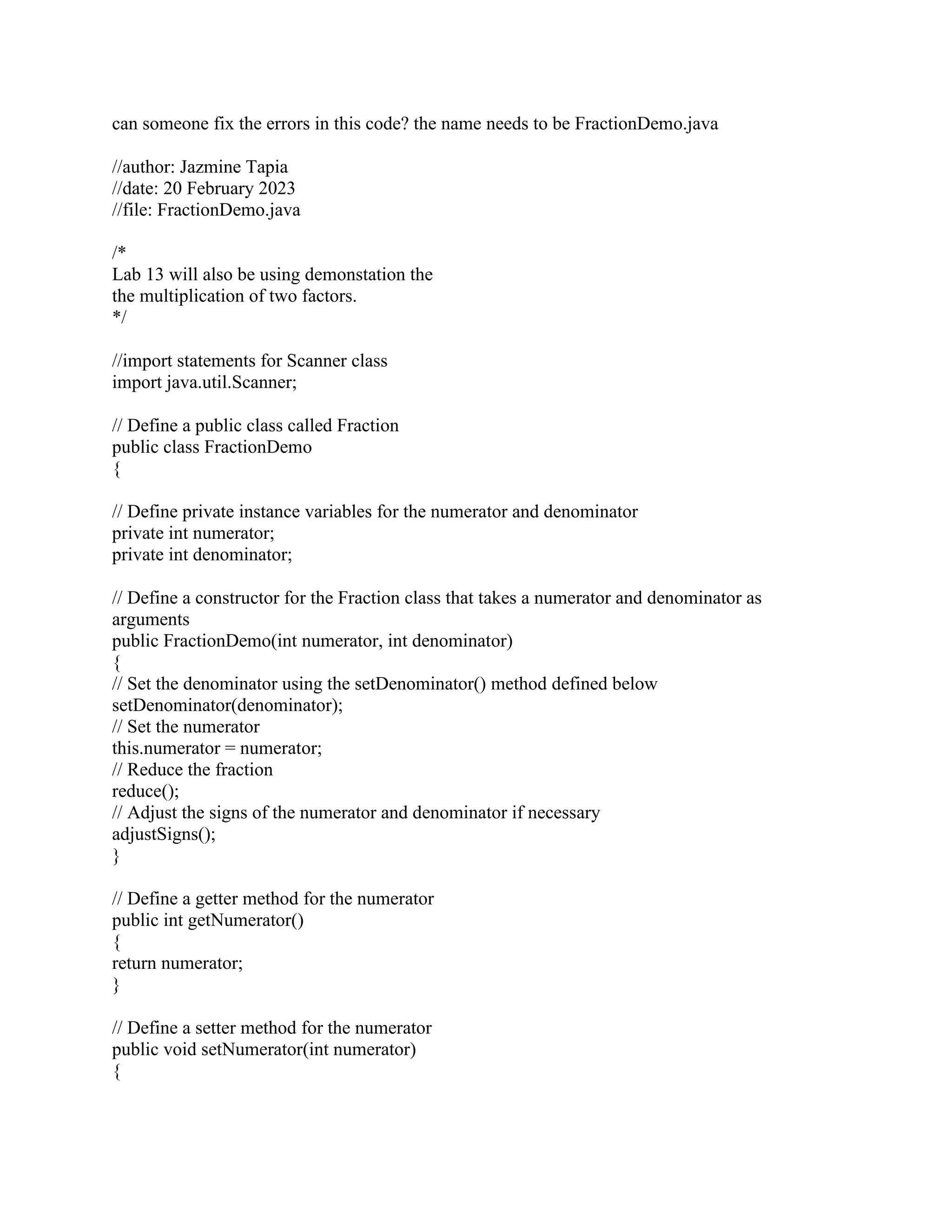 can someone fix the errors in this code- the name needs to be Fraction.pdf | Programming ...
