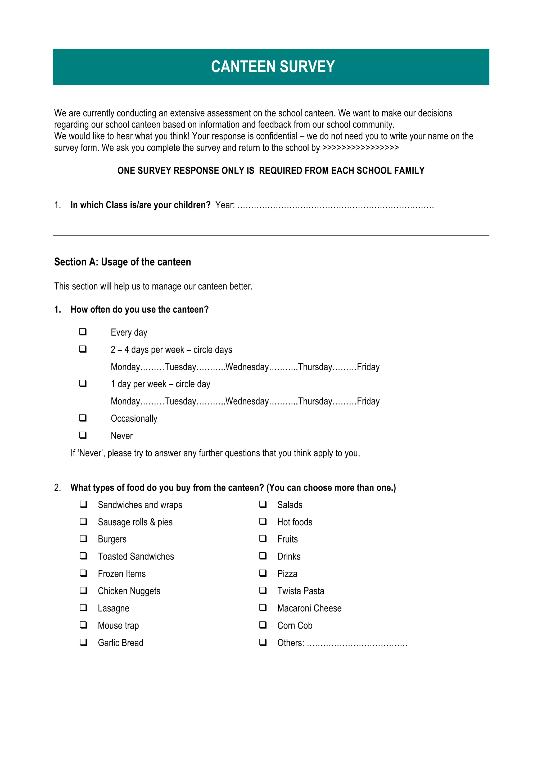Canteen user survey format - Developed by Arunesh Chand Mankotia | PDF