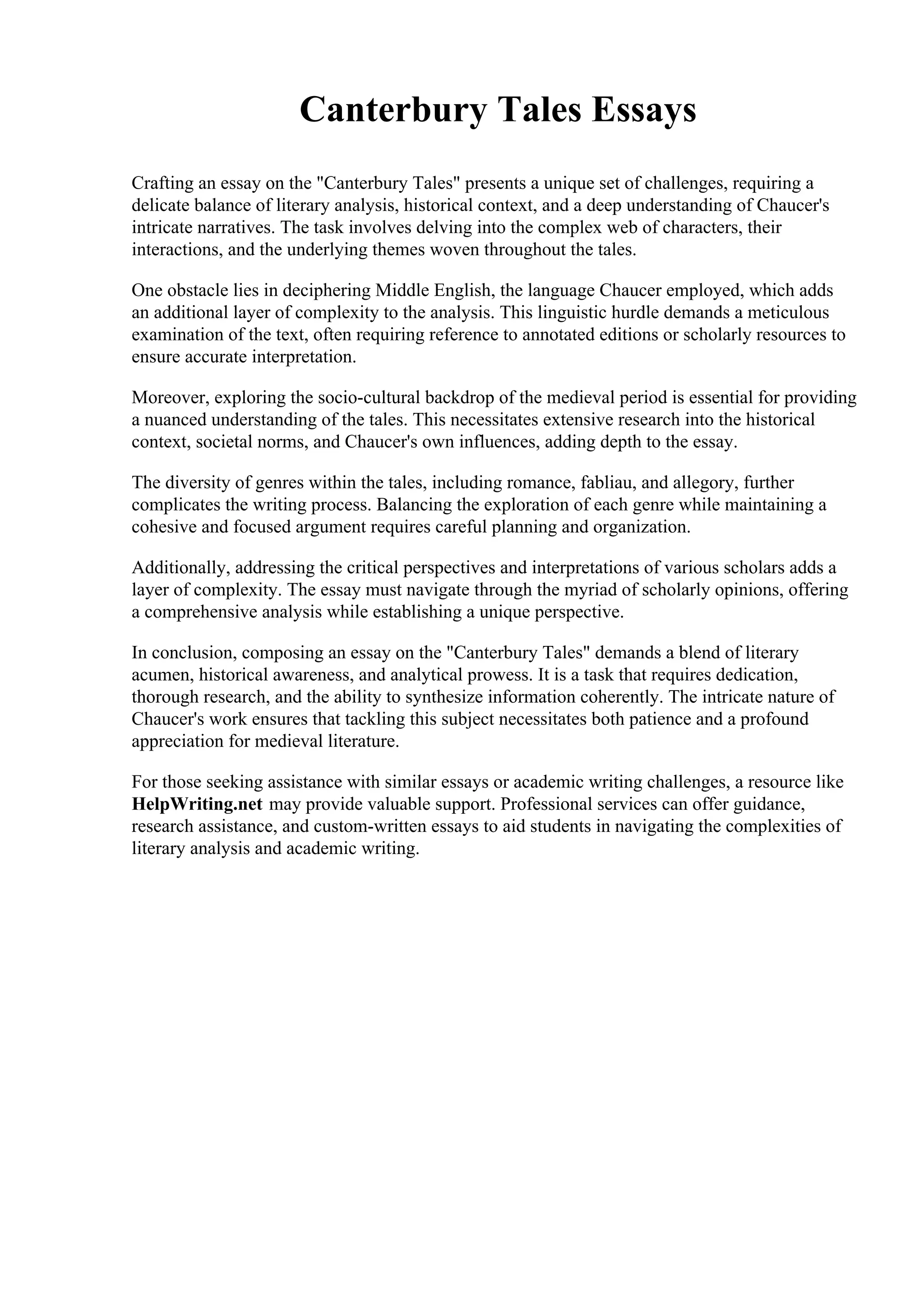 Canterbury Tales Essays. Niagara County Community College | PDF