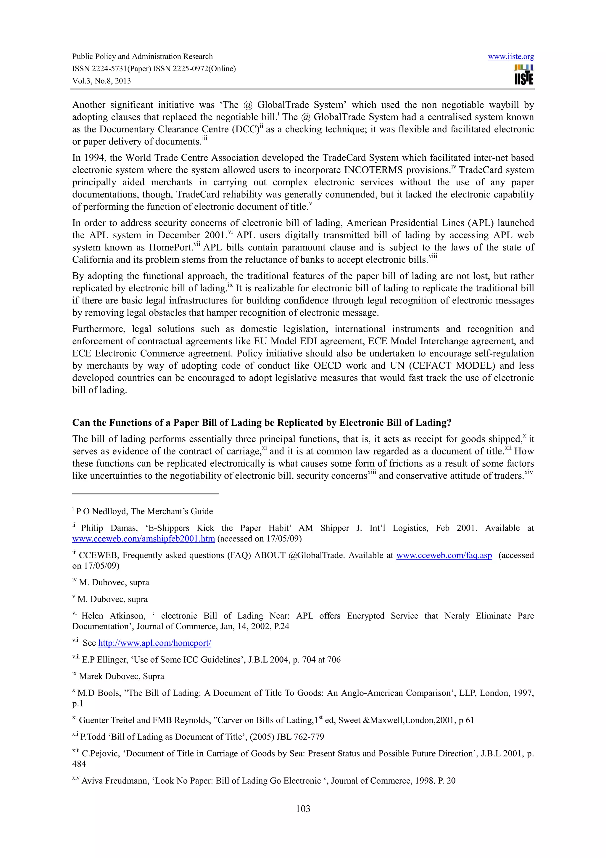 Can the functions of a paper bill of lading be replicated by electronic ...