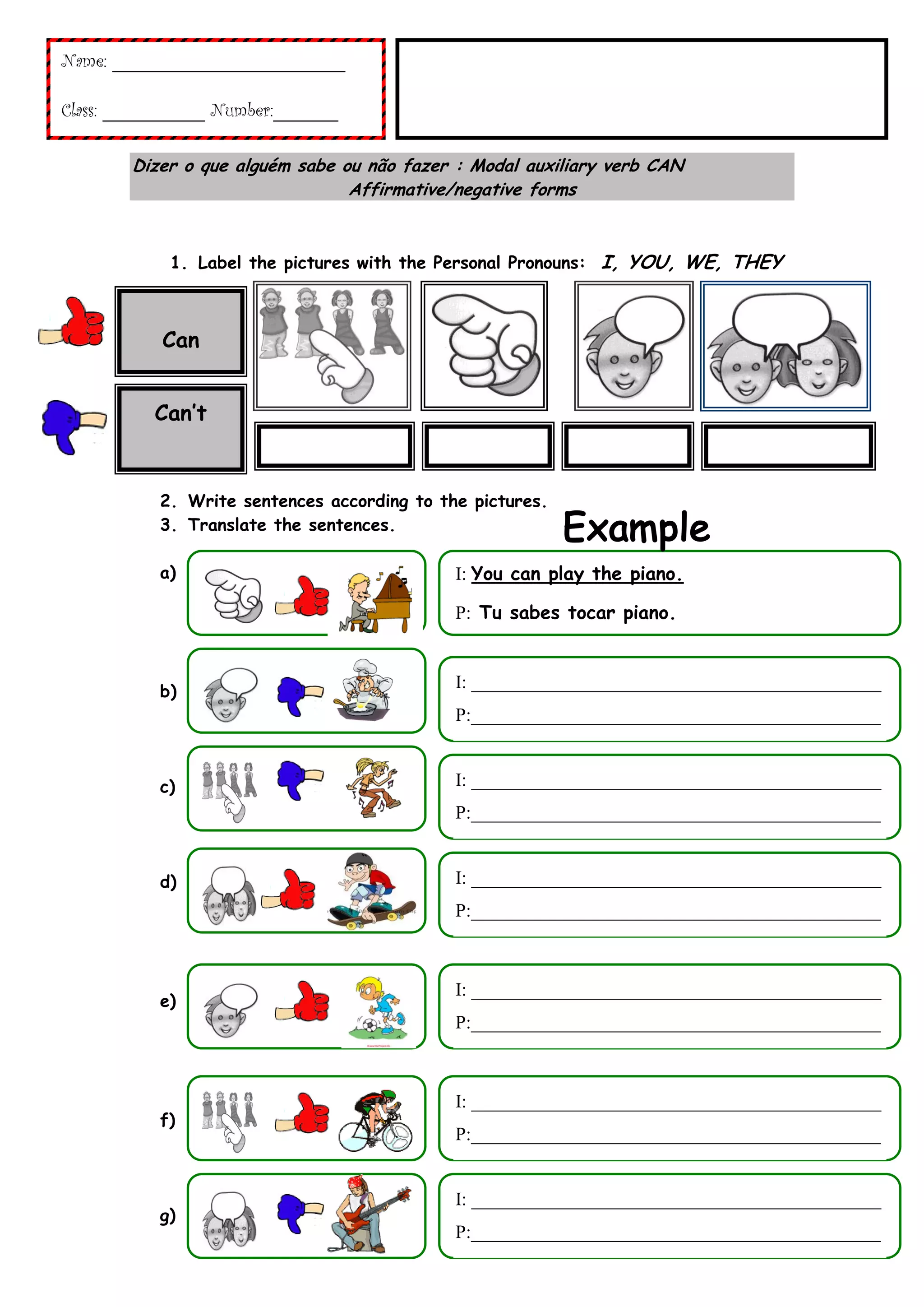 Modal verb Can: Ficha de trabalho | PDF