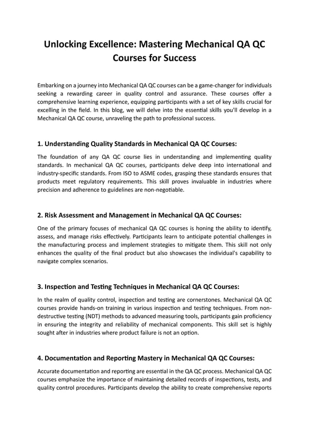 Unlocking Excellence: Mastering Mechanical QA QC Courses for Success | PDF