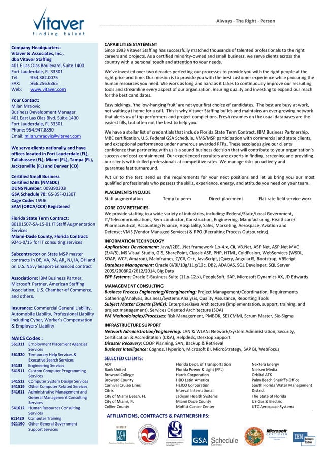 Capabilities Statement(Vitaver Staffing) | PDF