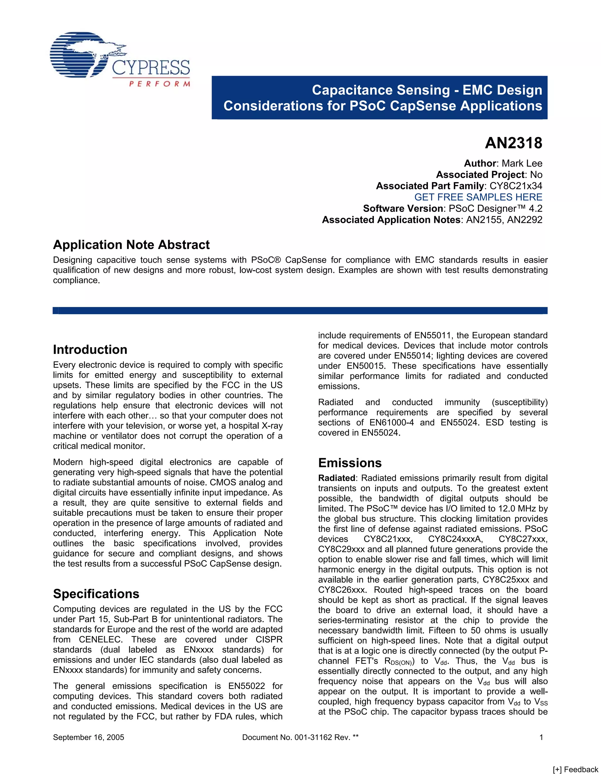 Capacitance Sensing - EMC Design Considerations for PSoC CapSense ...