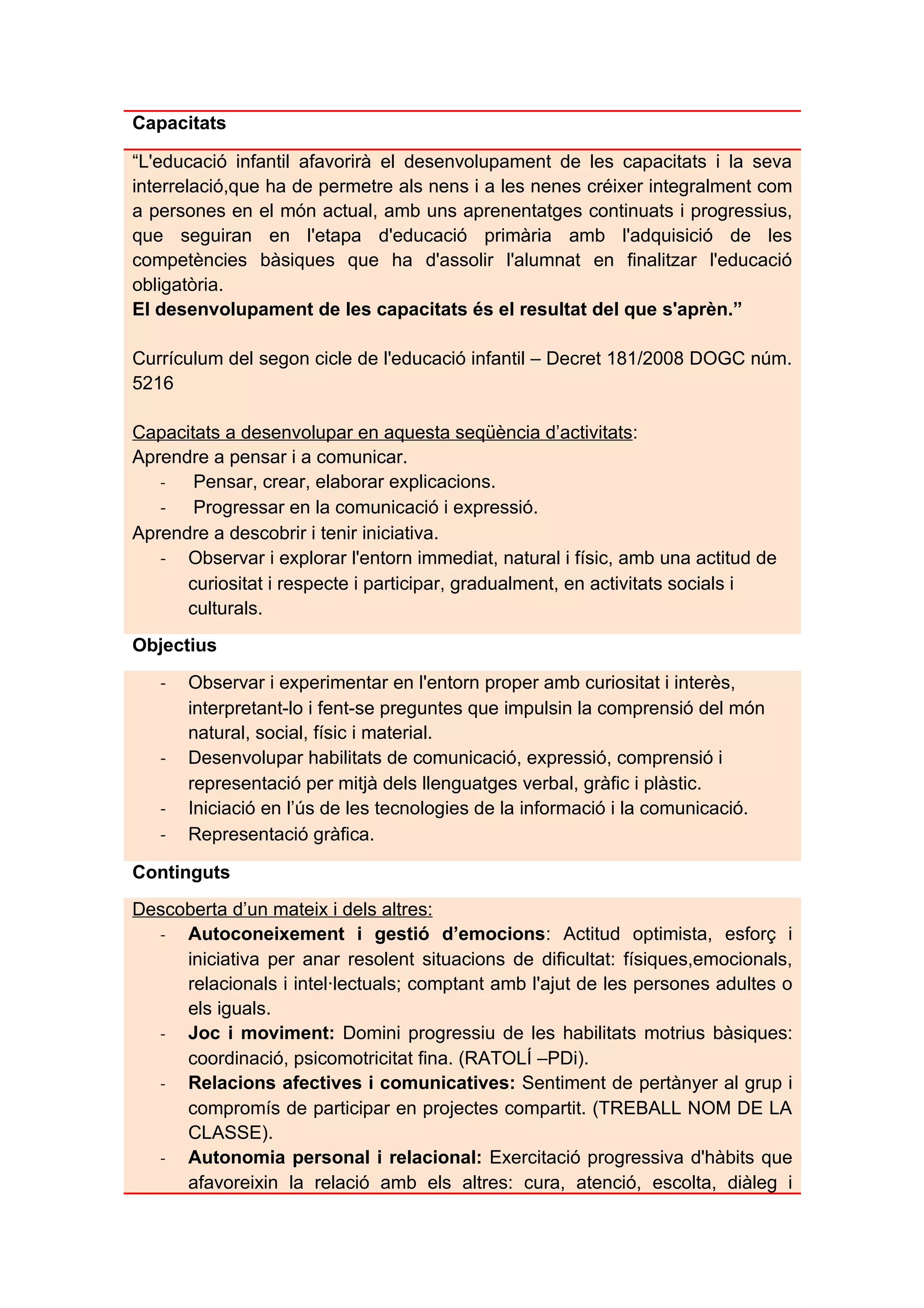 Capacitats, objectius i continguts | DOC