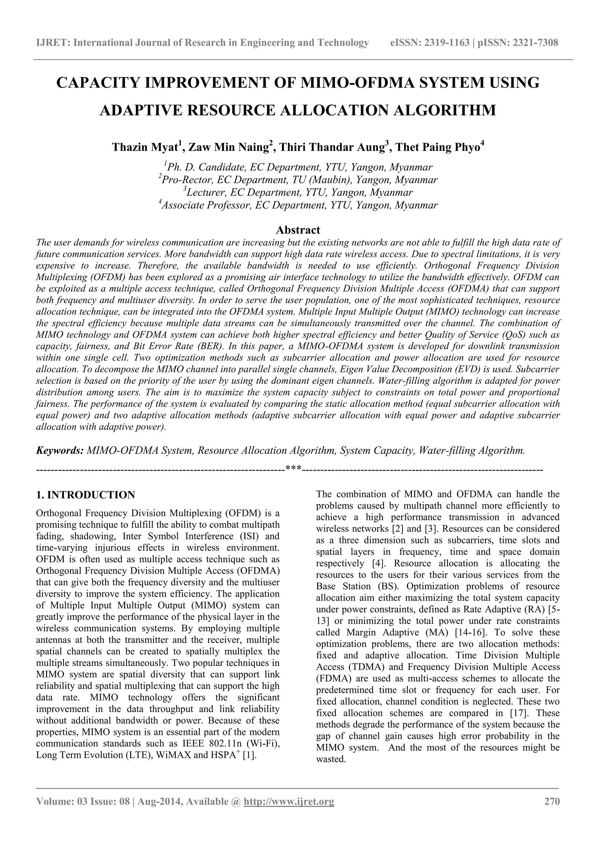 Capacity Improvement Of Mimo Ofdma System Using Adaptive Resource