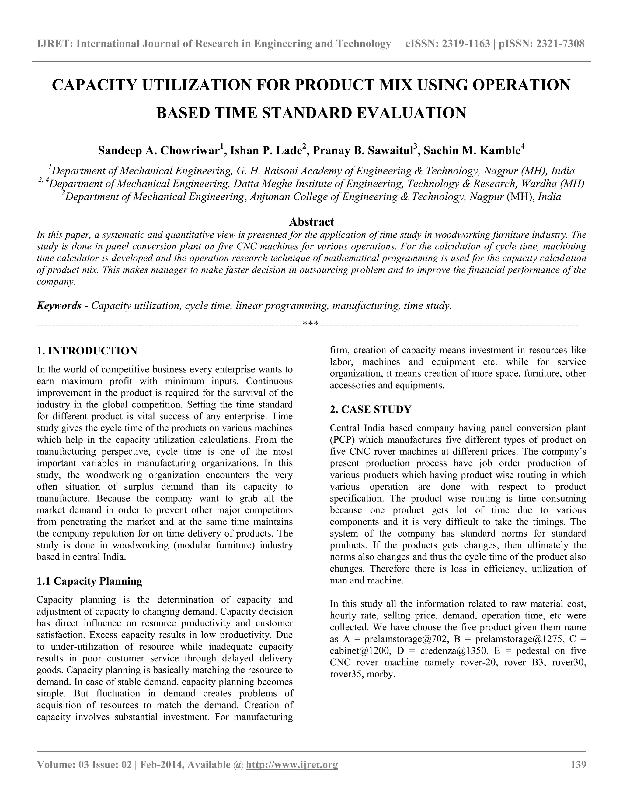 Capacity Utilization For Product Mix Using Operation Based Time