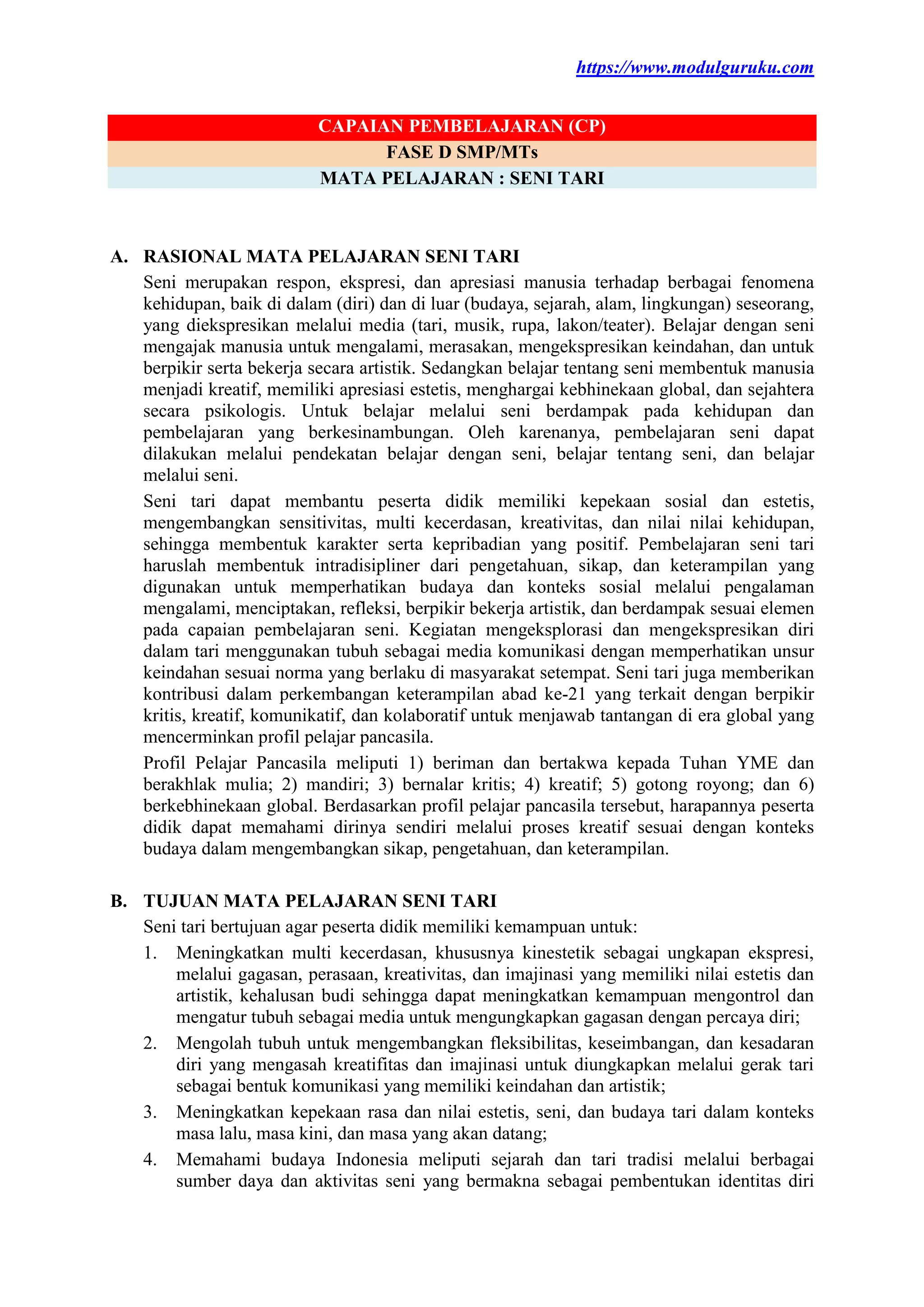 Capaian Pembelajaran (CP) Fase D Seni Tari | DOCX