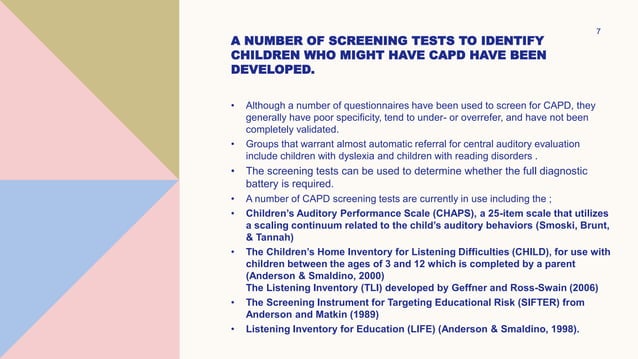 CAPD Screening and checklists for paediatric population | PPTX | Brain ...