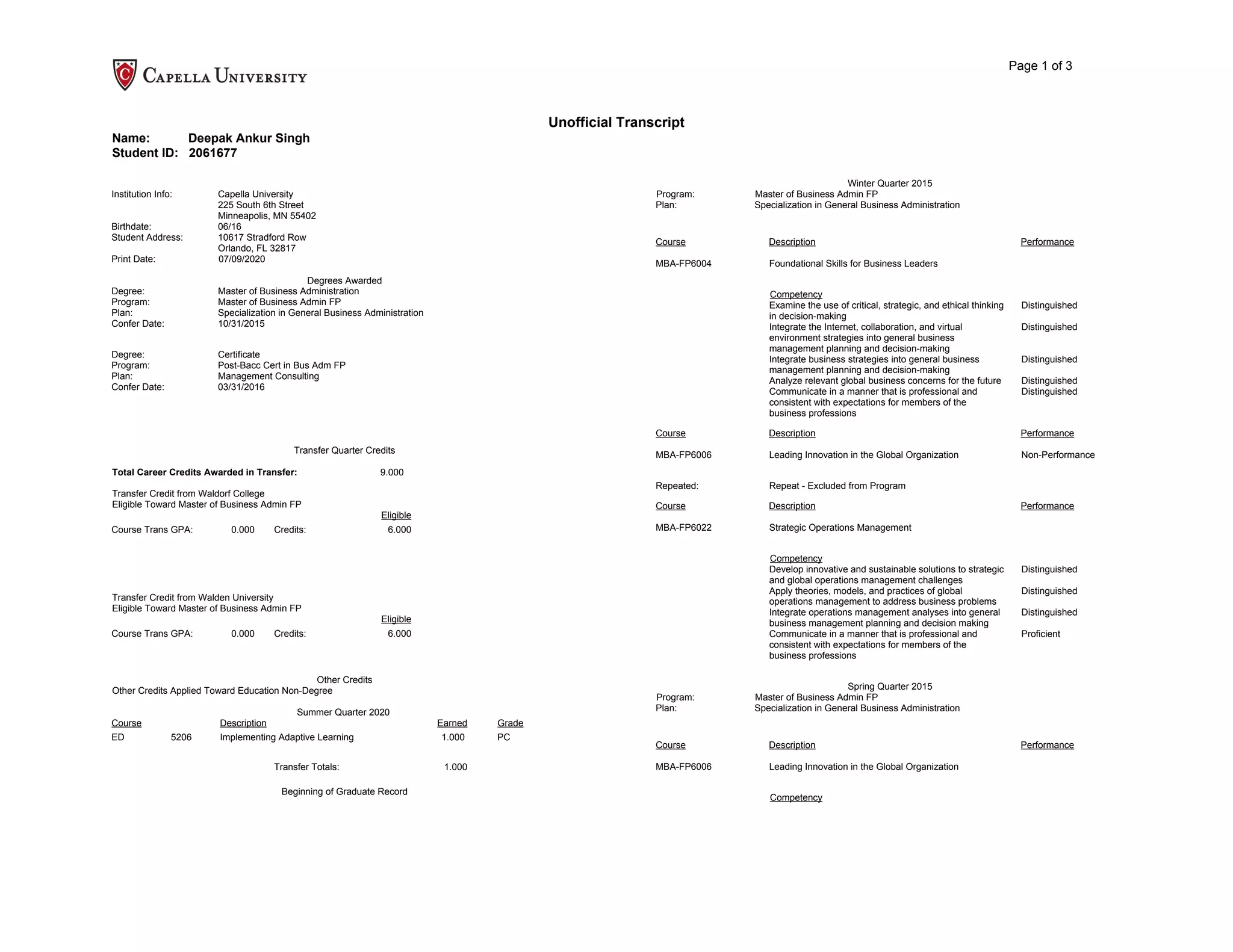 ED 5206 Implementing Adaptive Learning Course Completion of Deepak (Danny) Singh | PDF