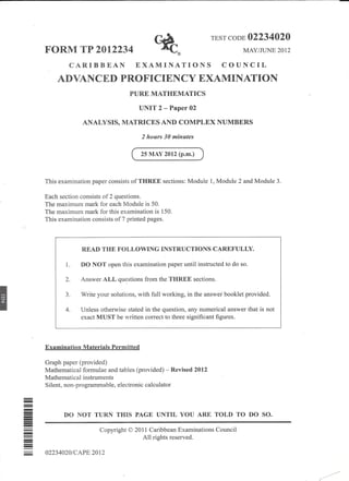 Cape pure math 2012 unit 2 paper 2 | PDF