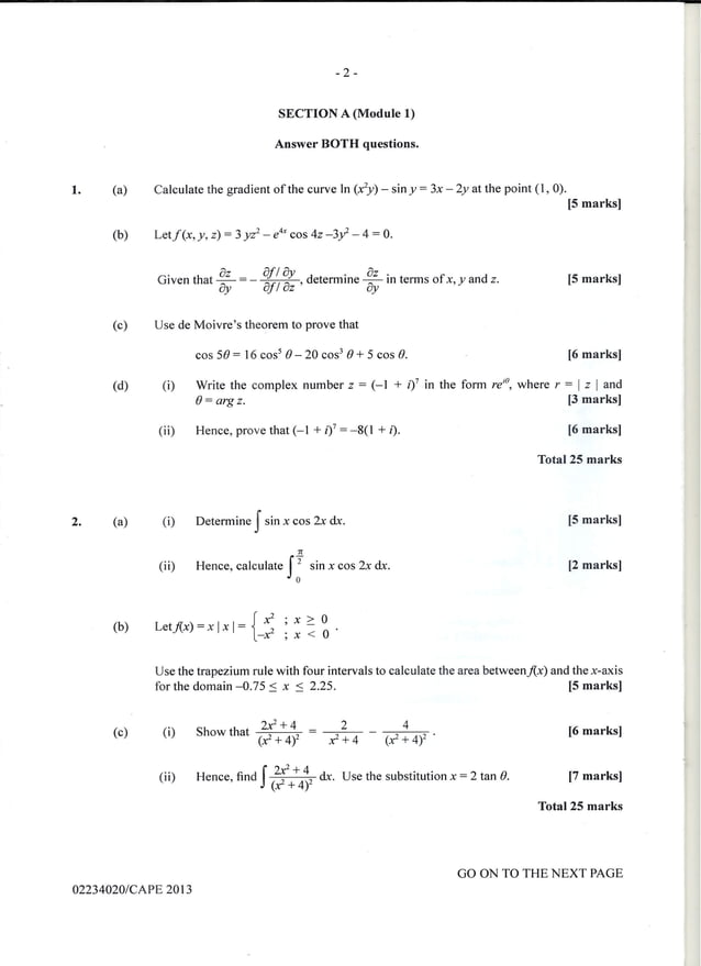 Cape pure math 2013 unit 2 paper 2 | PDF