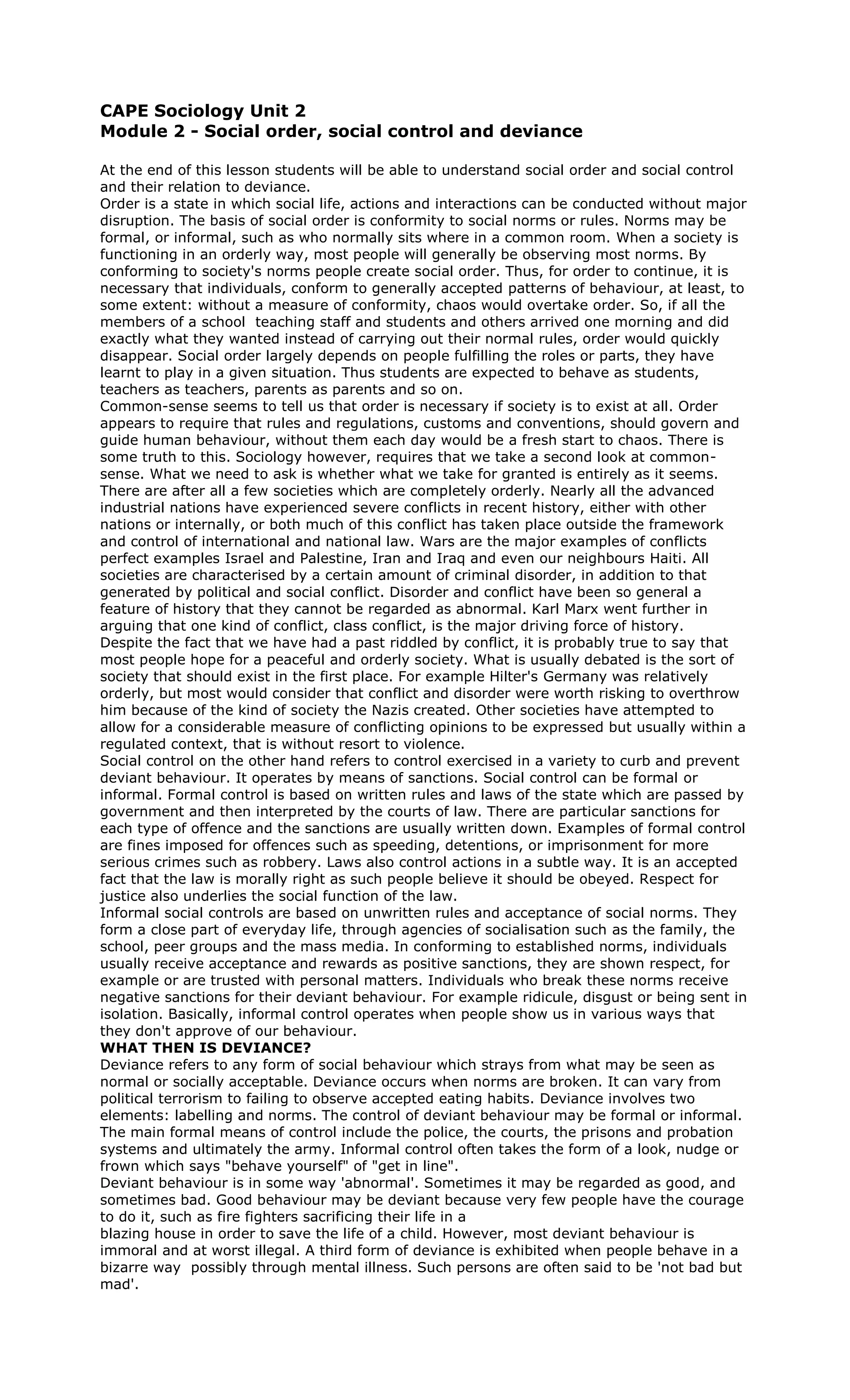 Cape sociology unit 2 crime and deviance | DOCX