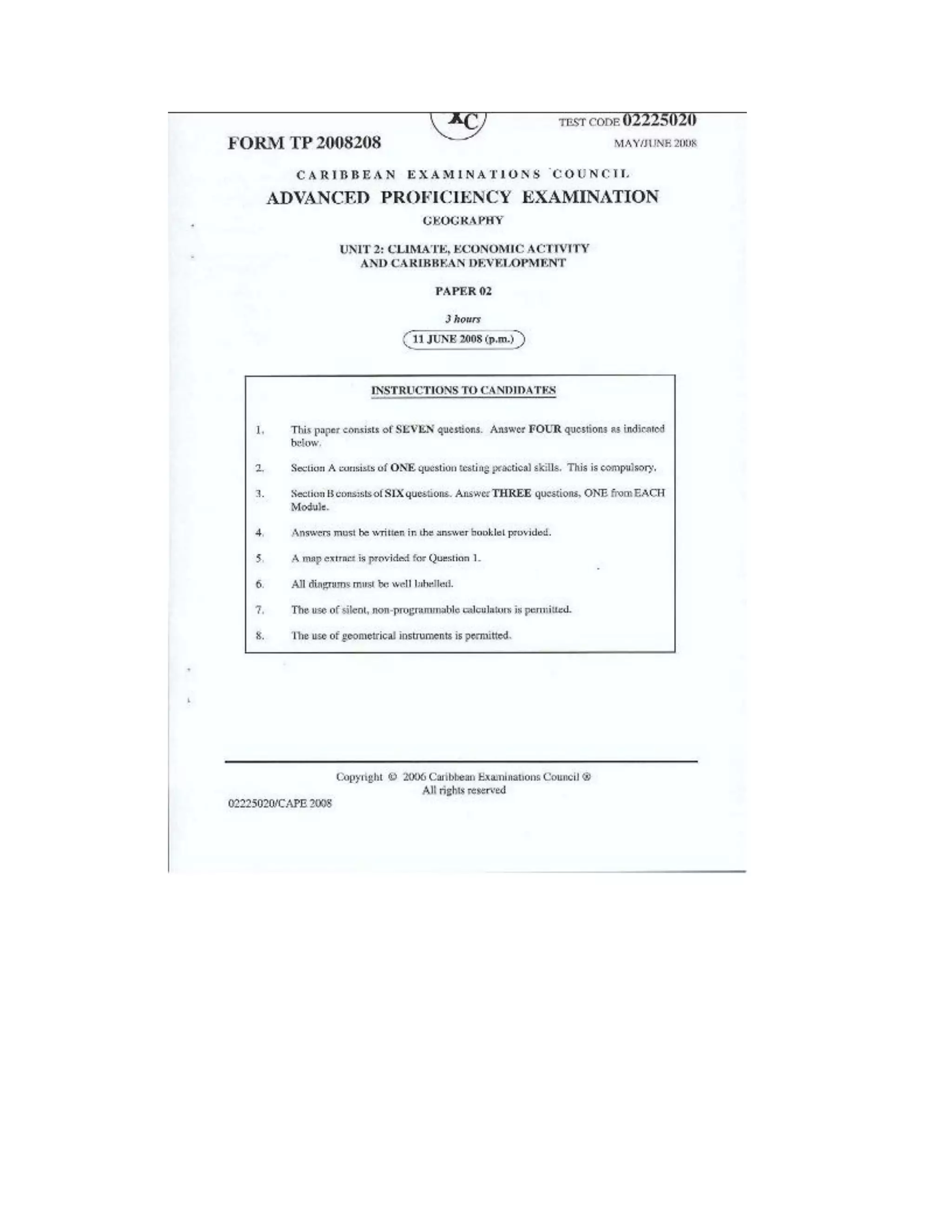 CAPE GEOGRAPHY UNIT 2 PAST PAPER- PAPER 2- 2008 | PDF