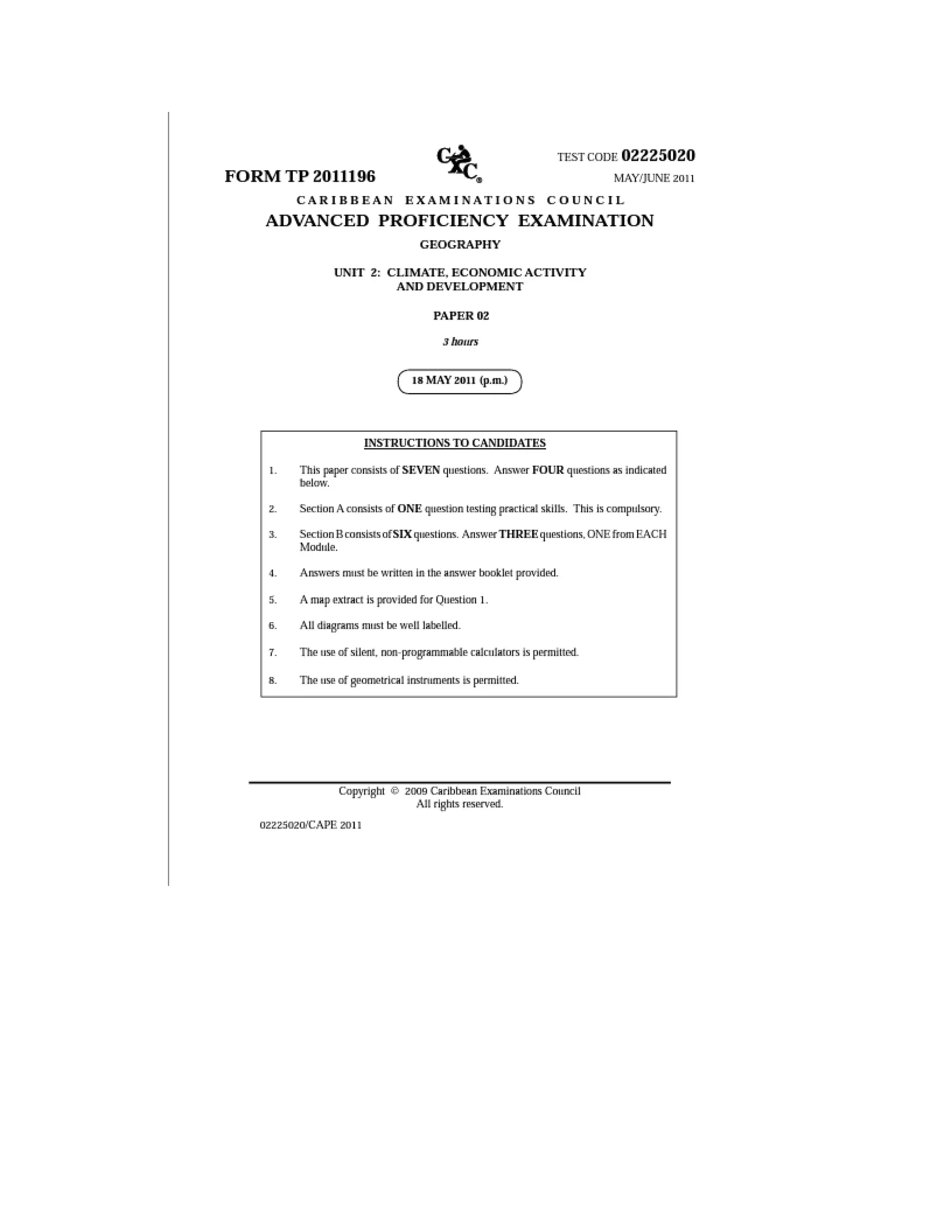 CAPE GEOGRAPHY UNIT 2 PAST PAPER- PAPER 2- 2011 | PDF