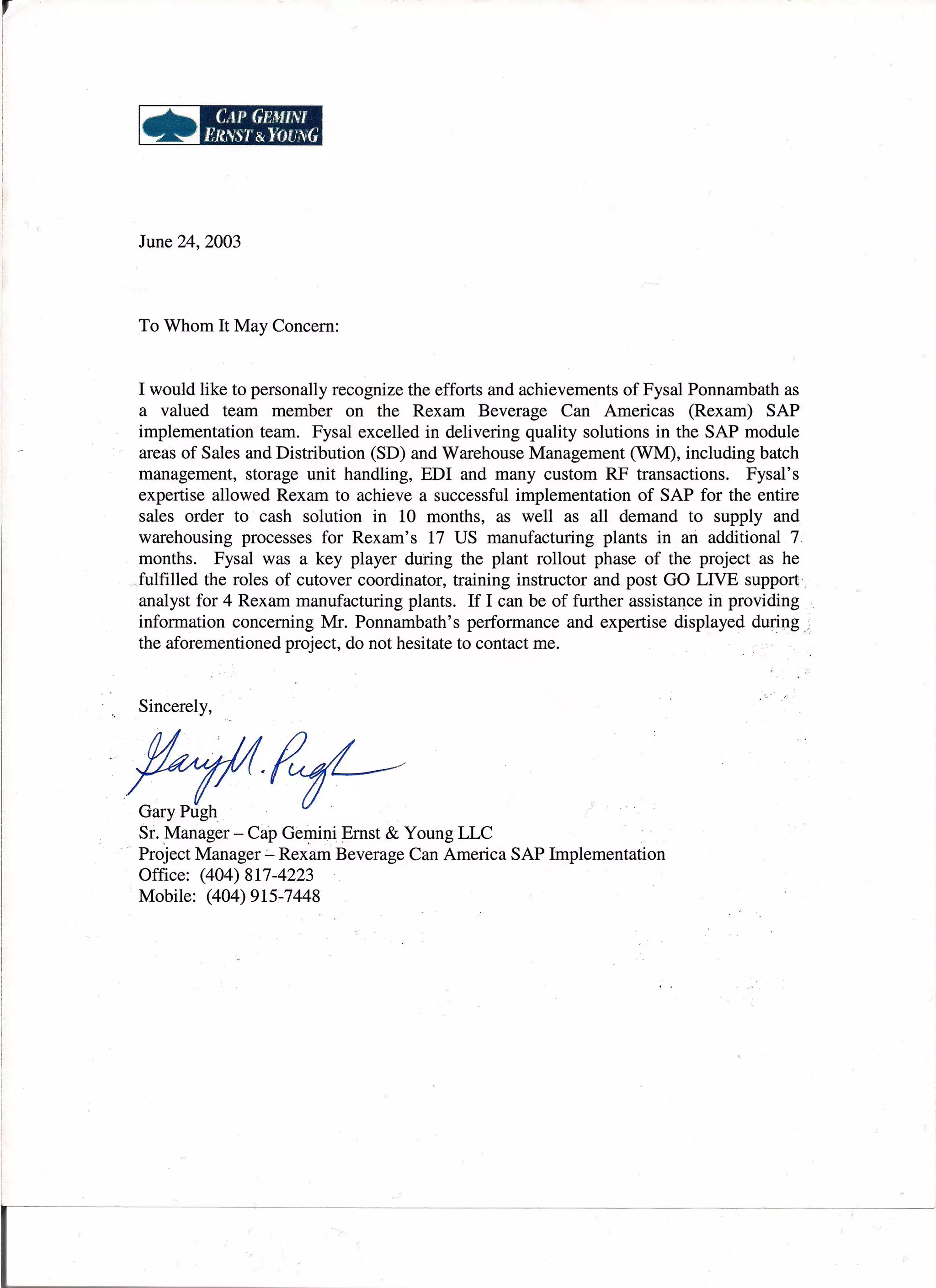 Cap Gemini Reference Letter | PDF