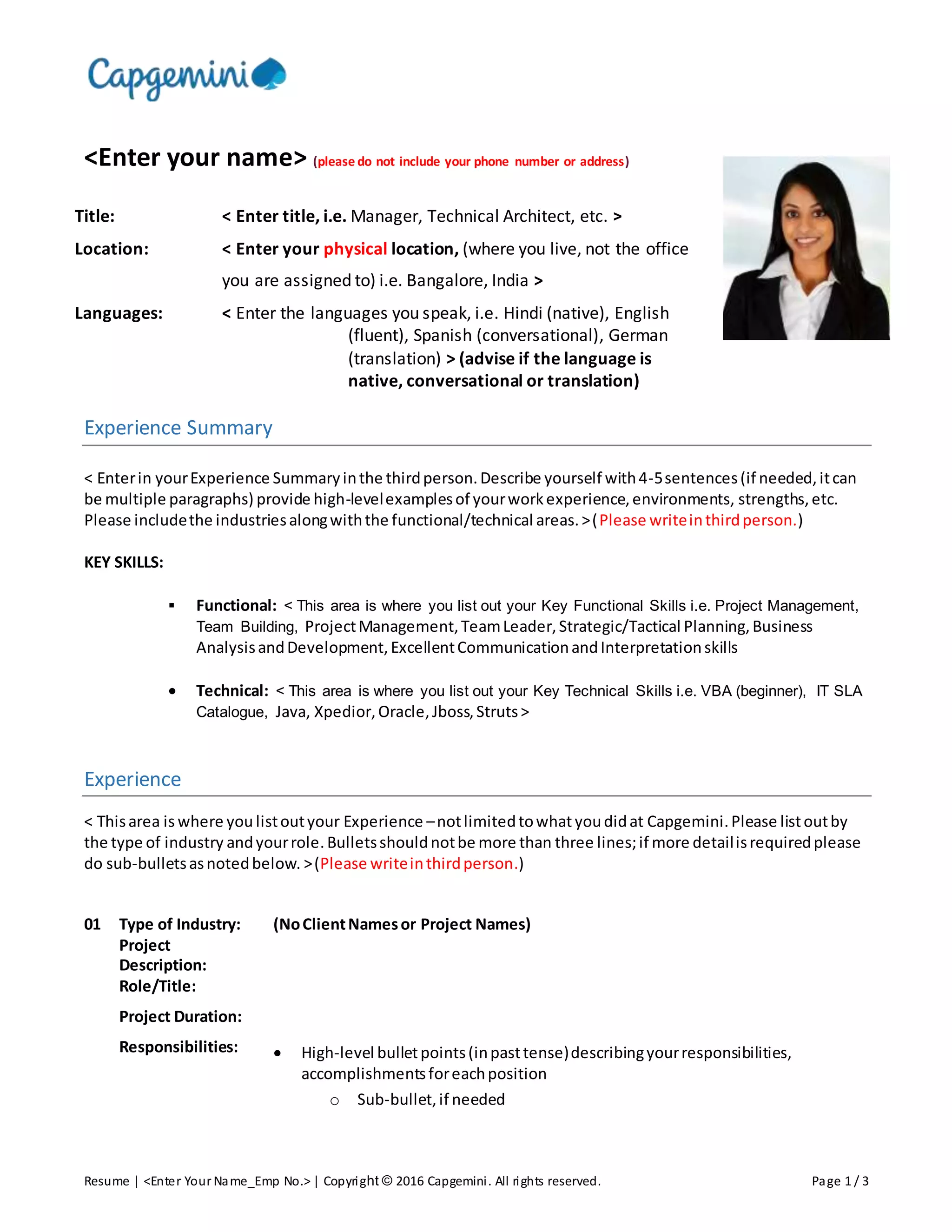 Capgemini resume template | DOCX