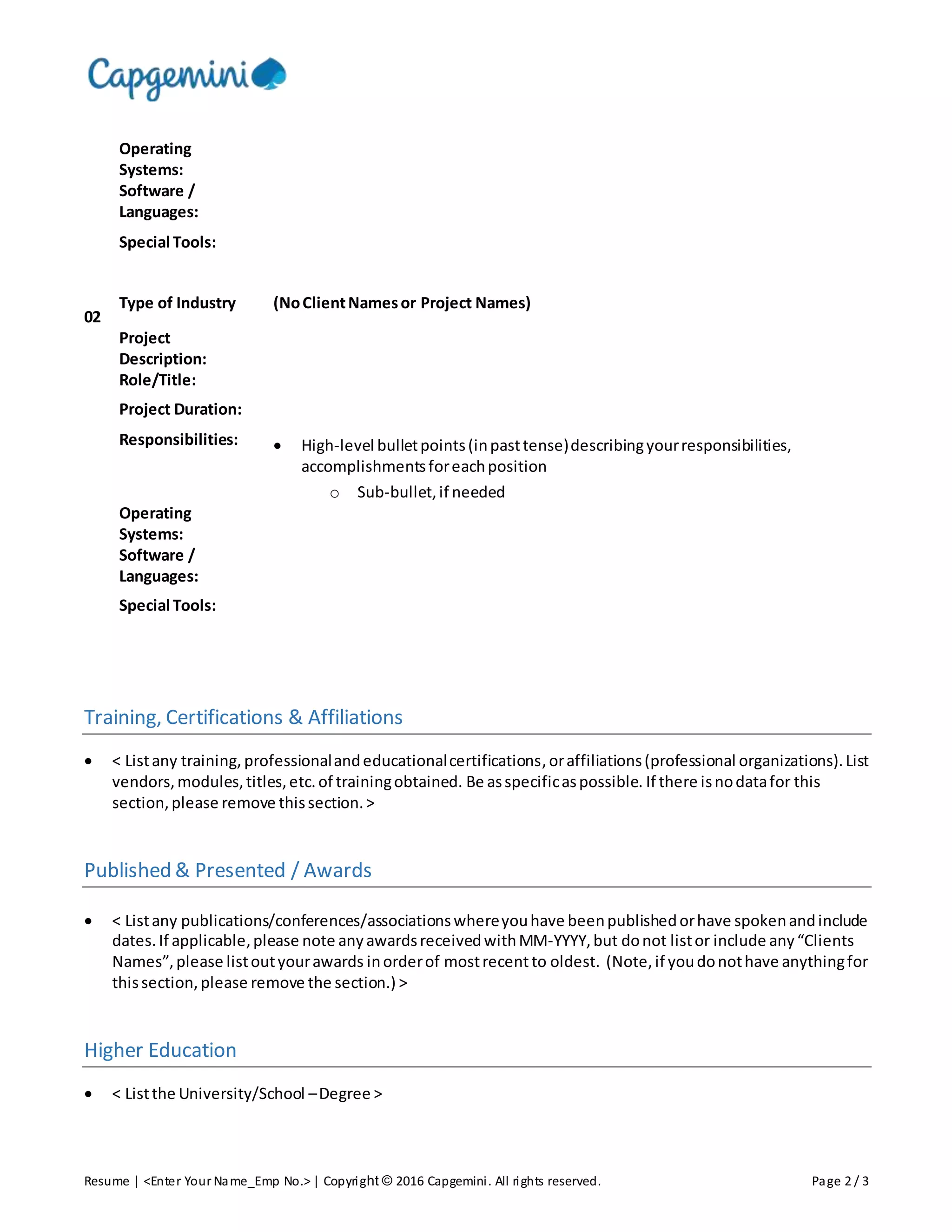 Capgemini resume template | DOCX