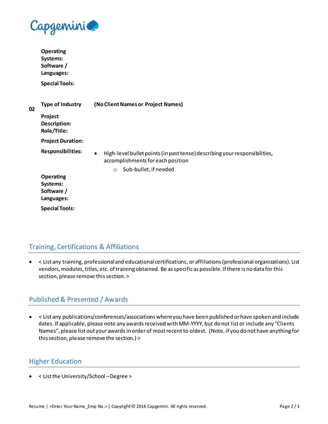 Capgemini resume template