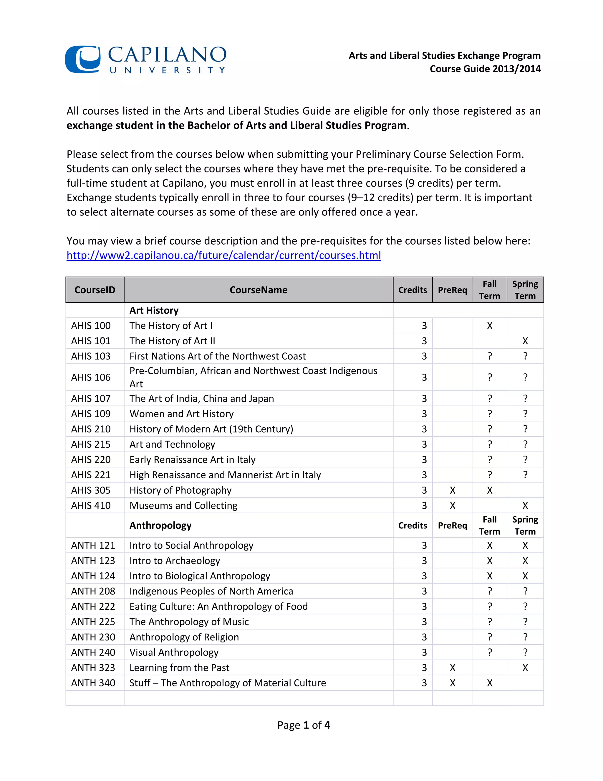 Capilano university course guide arts and liberal studies 2013-2014 | PDF
