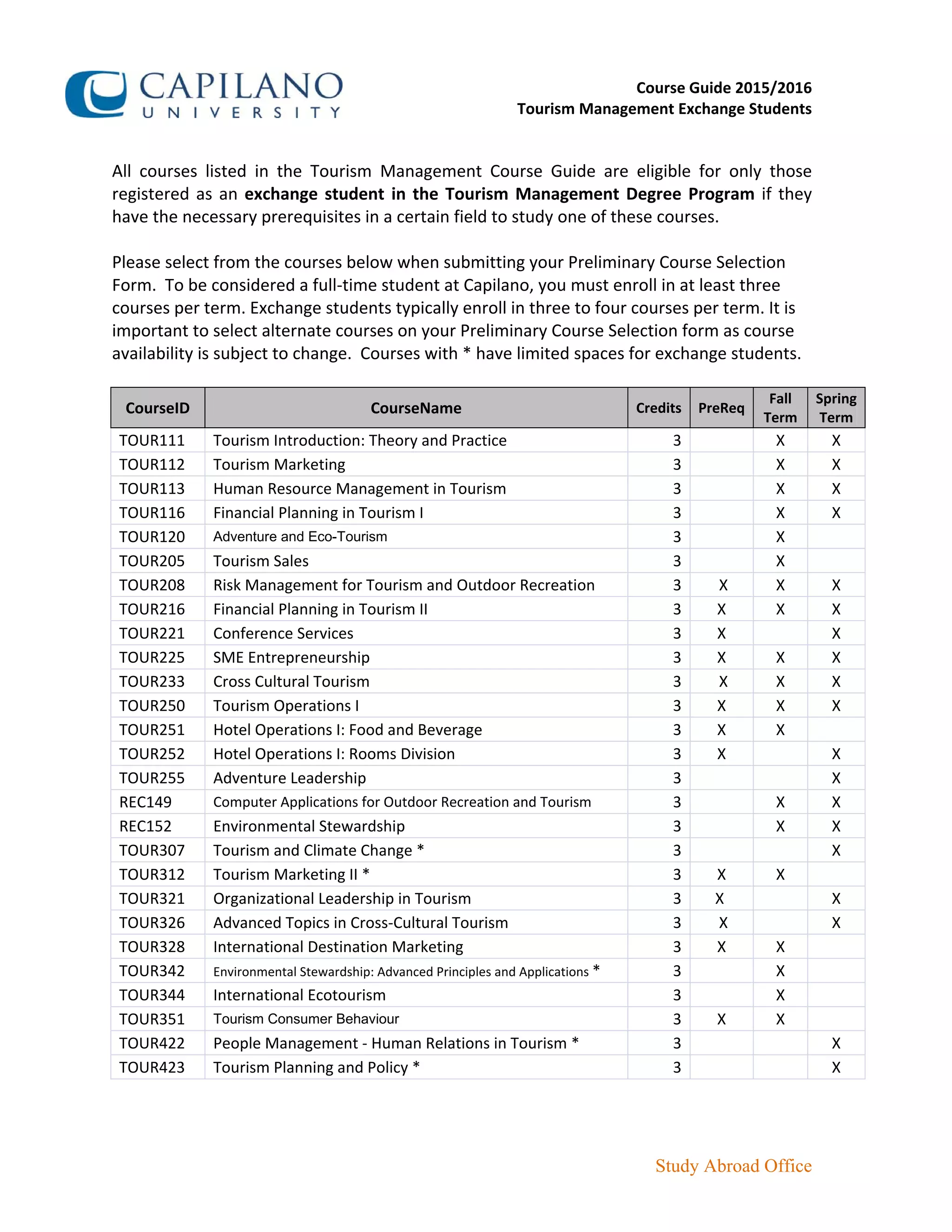 Capilano university course guide tourism exchange students | PDF