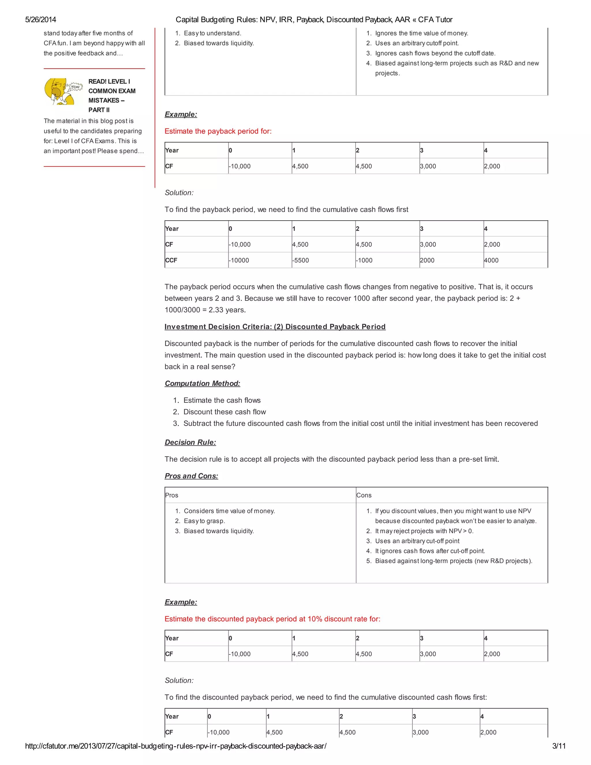 Capital budgeting rules npv, irr, payback, discounted payback, aar ...