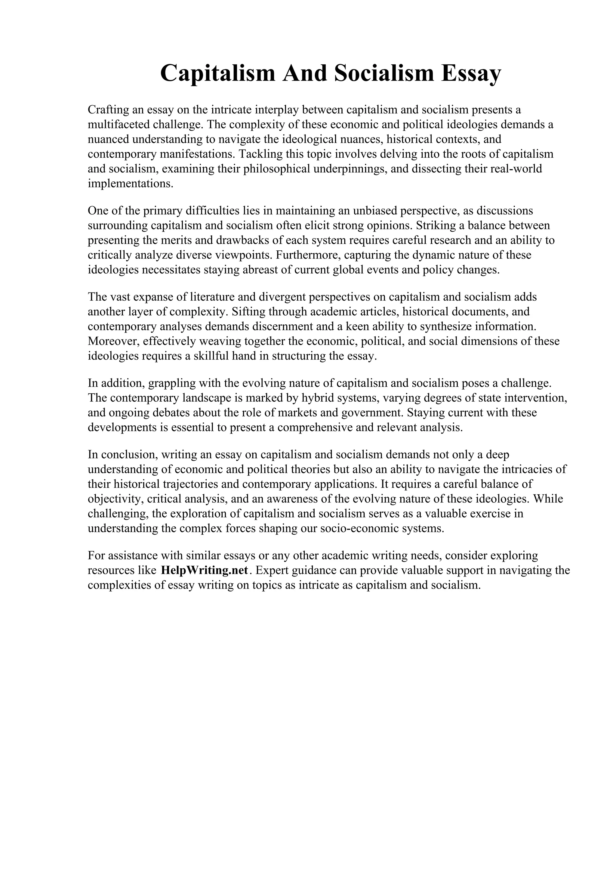 Capitalism And Socialism Essay. Differences between Capitalism and ...