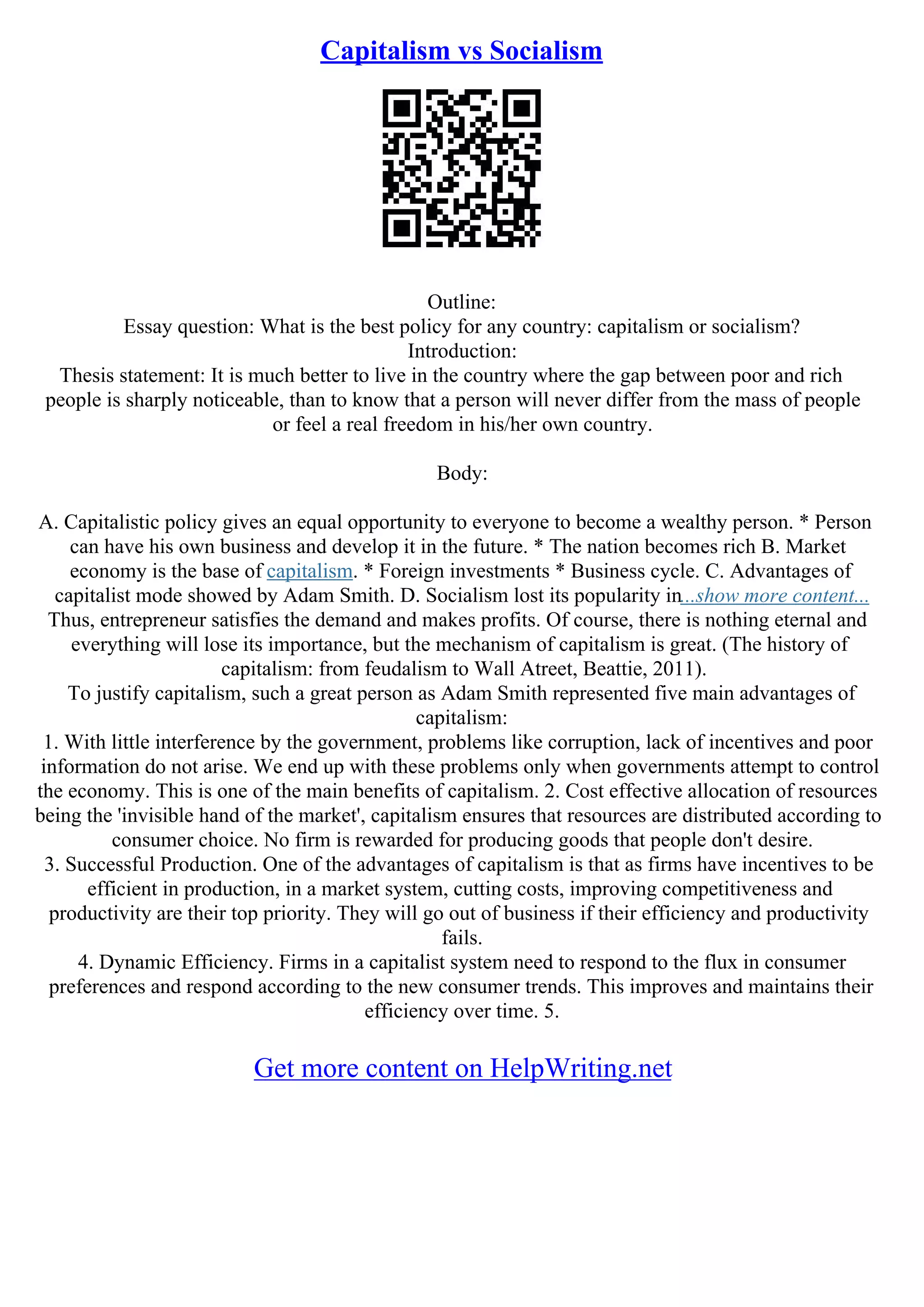 Capitalism Vs Socialism Essay | PDF