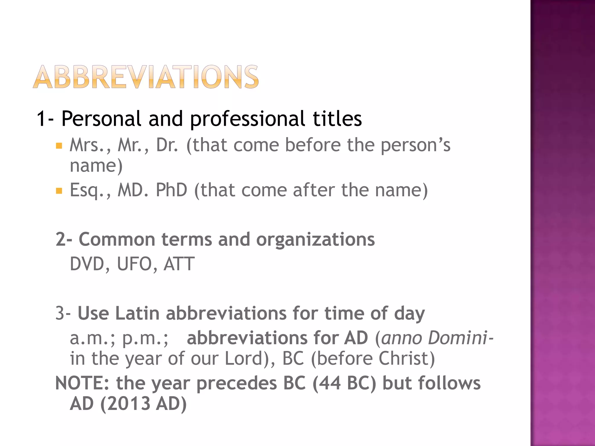 Capitalization, underlining and italics, numbers, abbreviations | PPTX