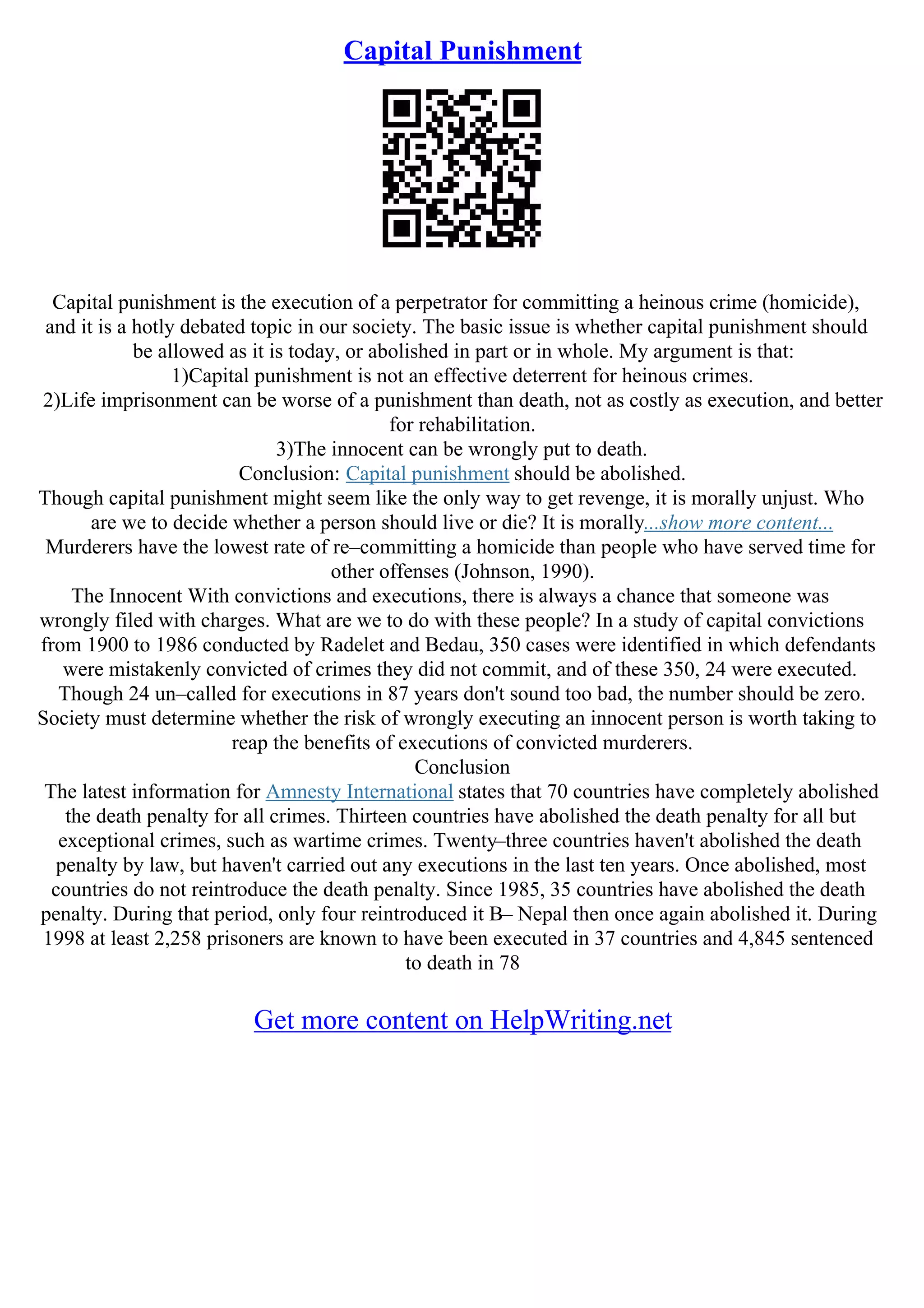 Capital Punishment Essay Conclusion | PDF