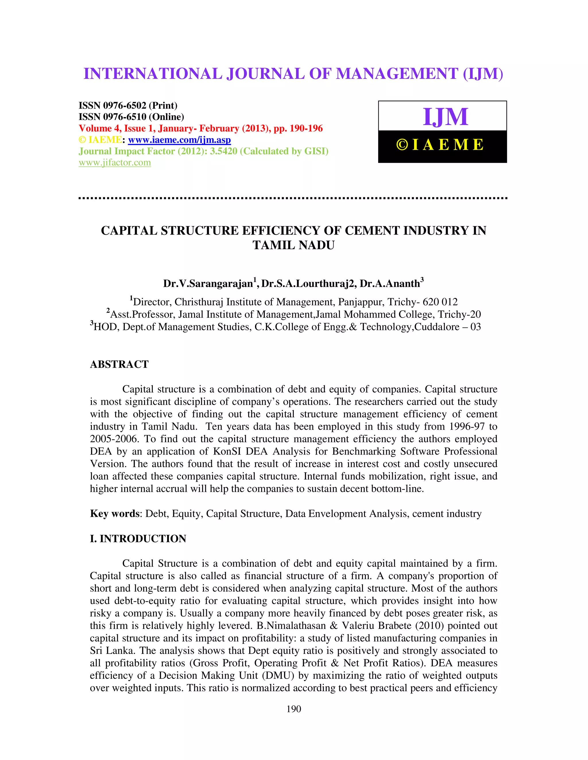 Capital structure efficiency of cement industry in tamil nadu | PDF