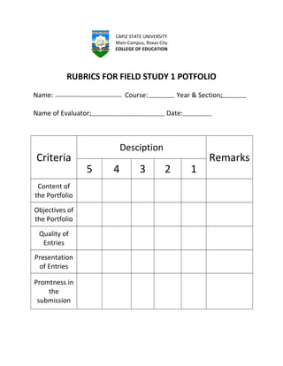 rubrics for fs 1 portfolio | DOC | Undergraduate Education | College ...