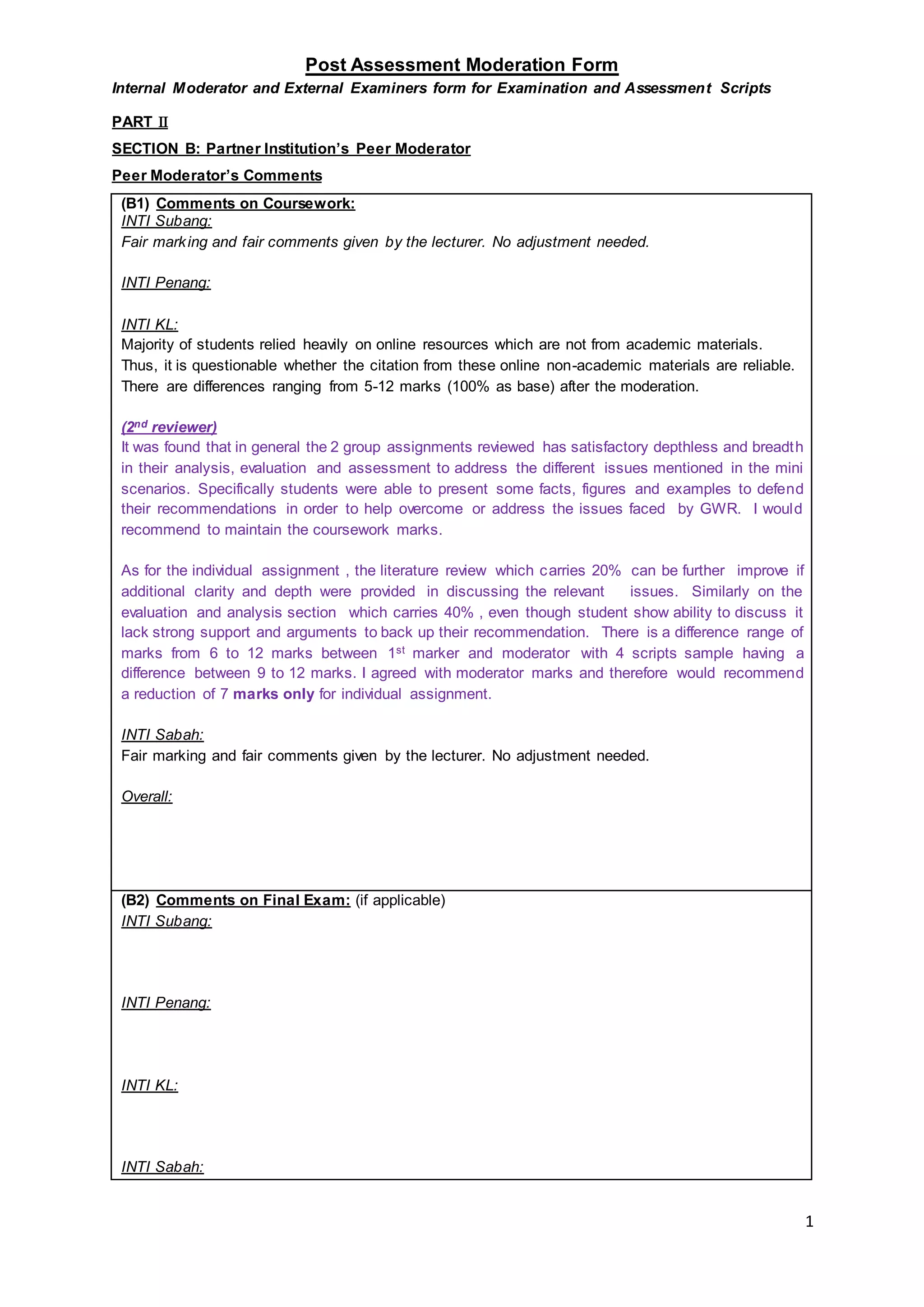 Ca post asmnt moderation form (part 2) kl 2nd review by subang | DOCX