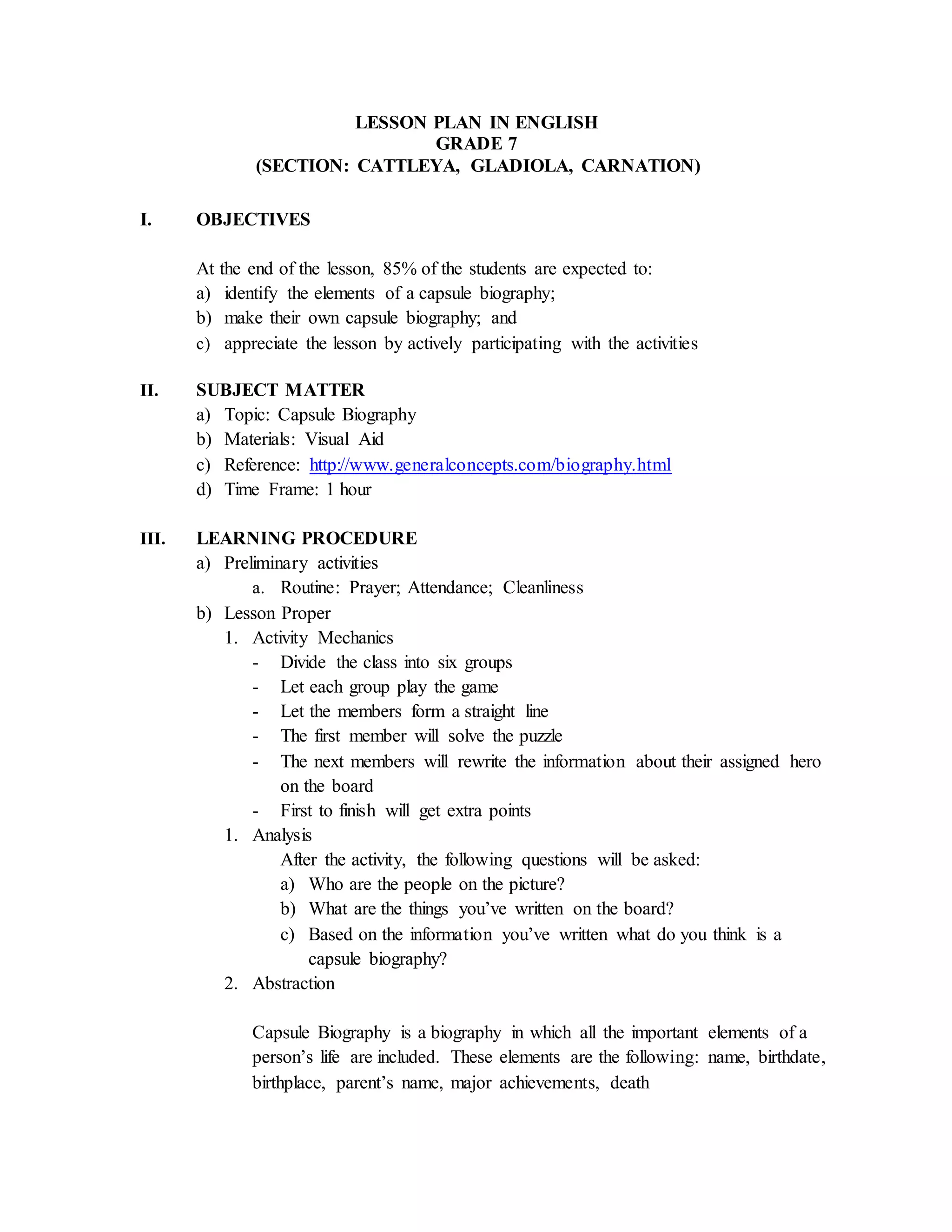 Capsule biography lesson plan | DOCX