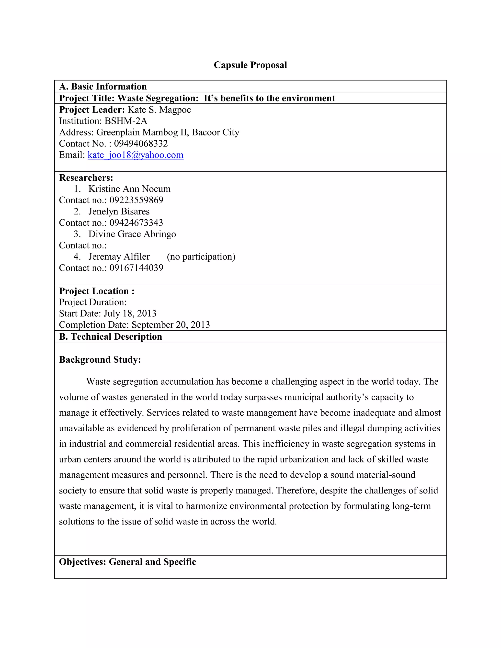Capsule proposal in Waste Segregation: It's Benefits to the Enviroment ...