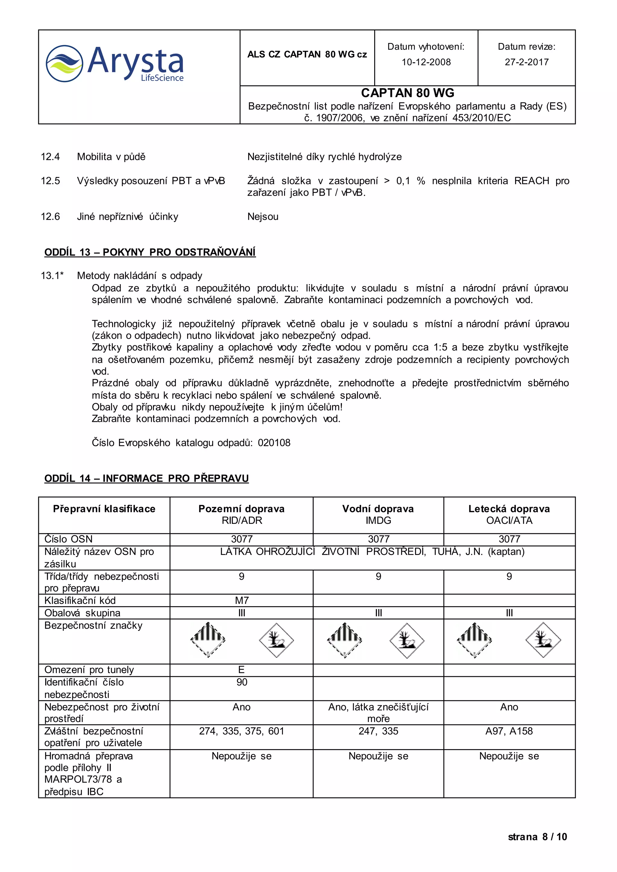 Captan 80 wg cz msds for 2017 | PDF