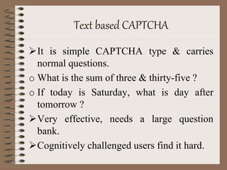 Captcha & its types | PPTX | Computing | Technology & Computing
