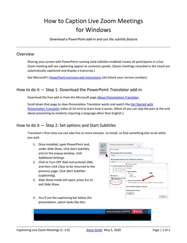 Captioning Zoom meetings using the PowerPoint subtitles feature for Windows and Mac | PDF ...