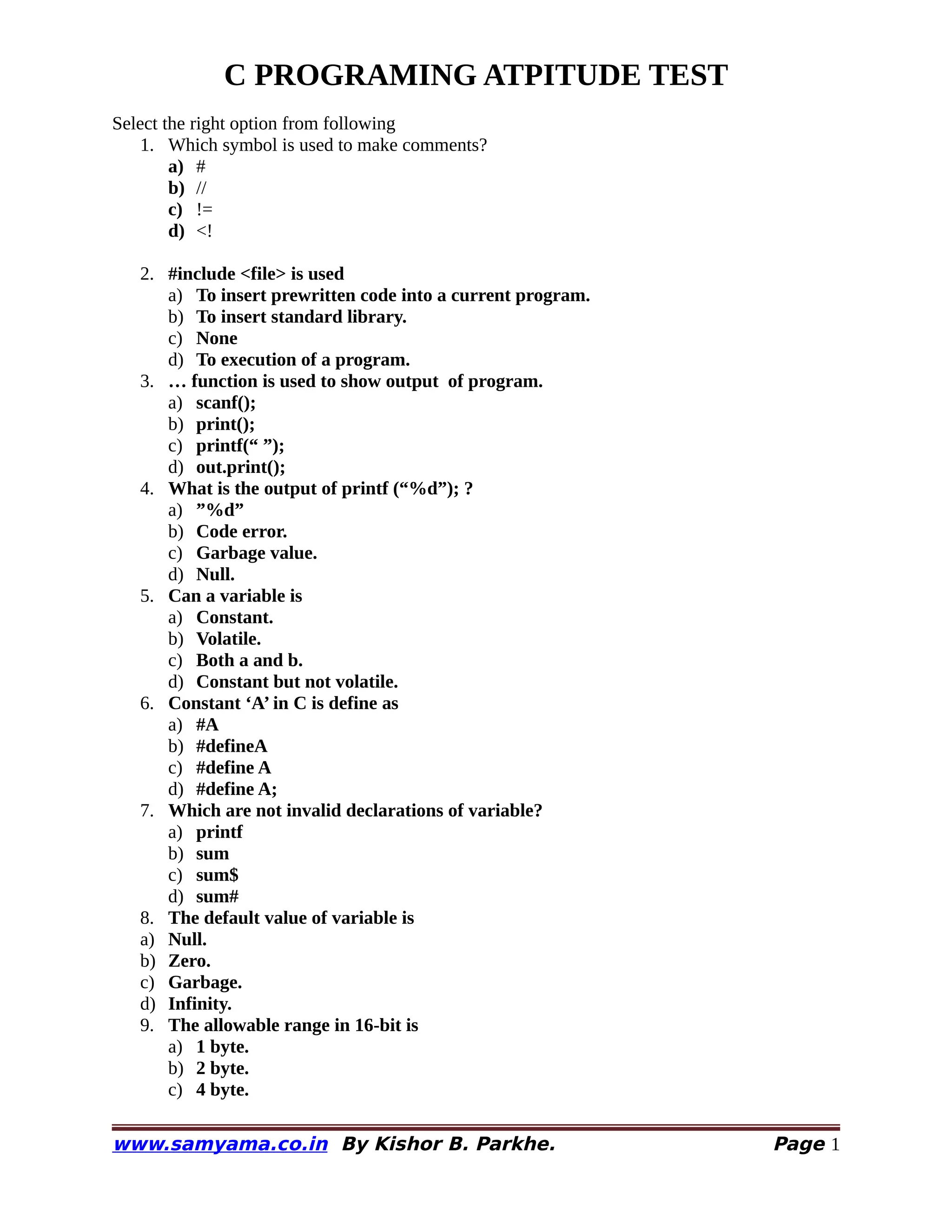 C aptitude 1st jan 2012 | PDF