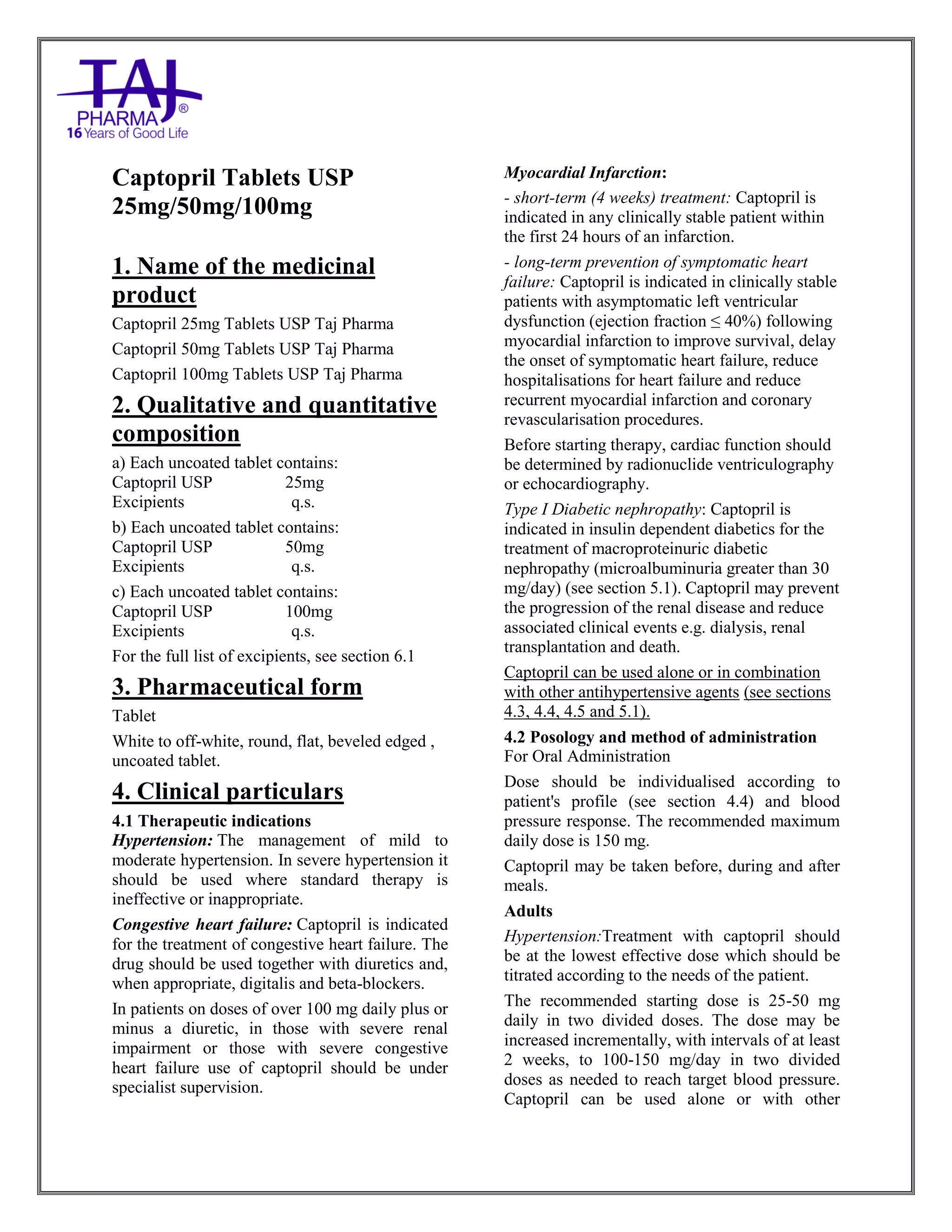 Captopril Tablets SmPC Taj Pharmaceuticals | PDF