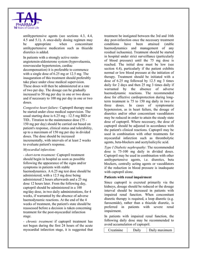 Captopril Tablets SmPC Taj Pharmaceuticals | PDF