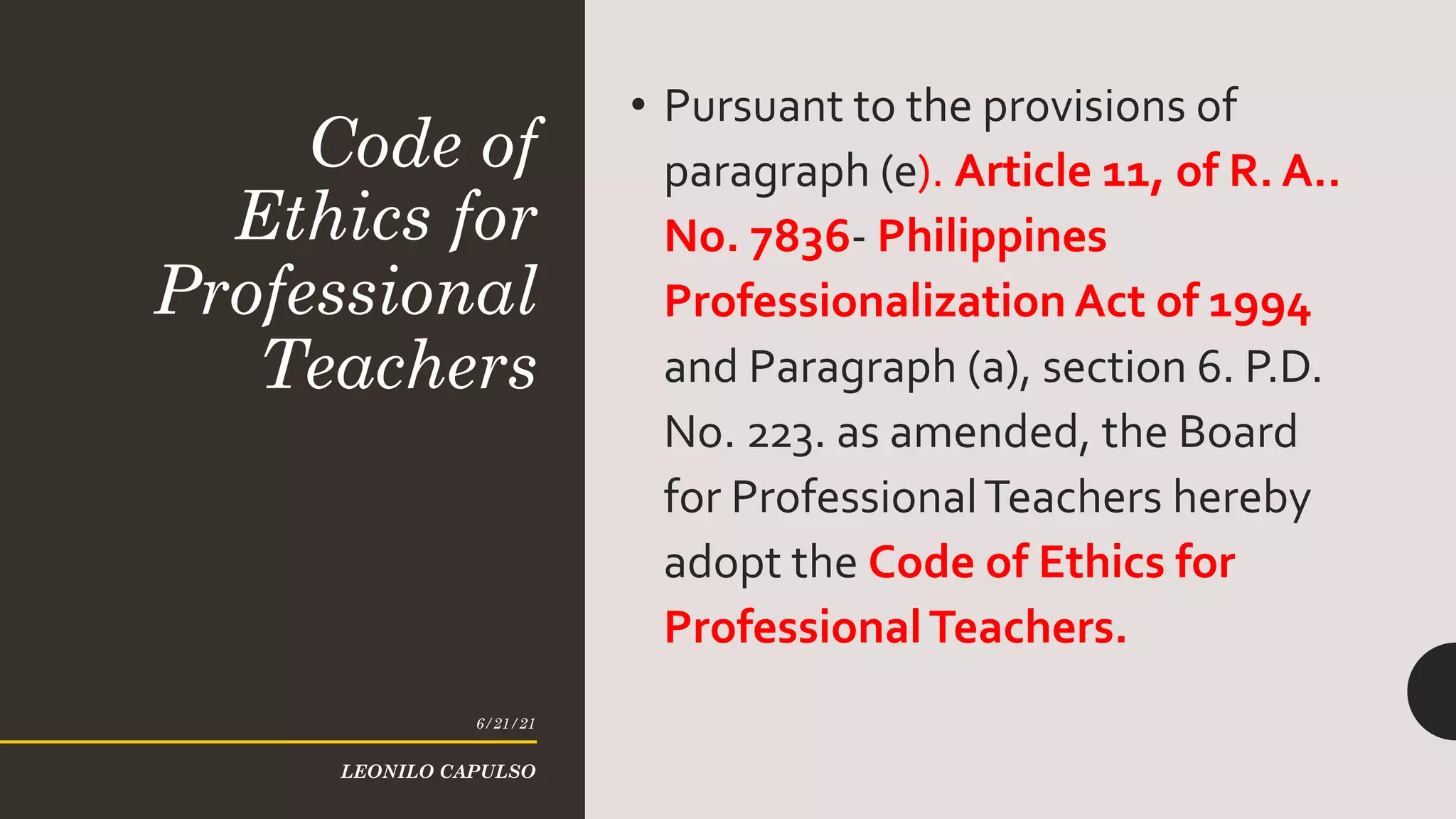 Capulso The Code of Ethics for Professional Teachers | PDF