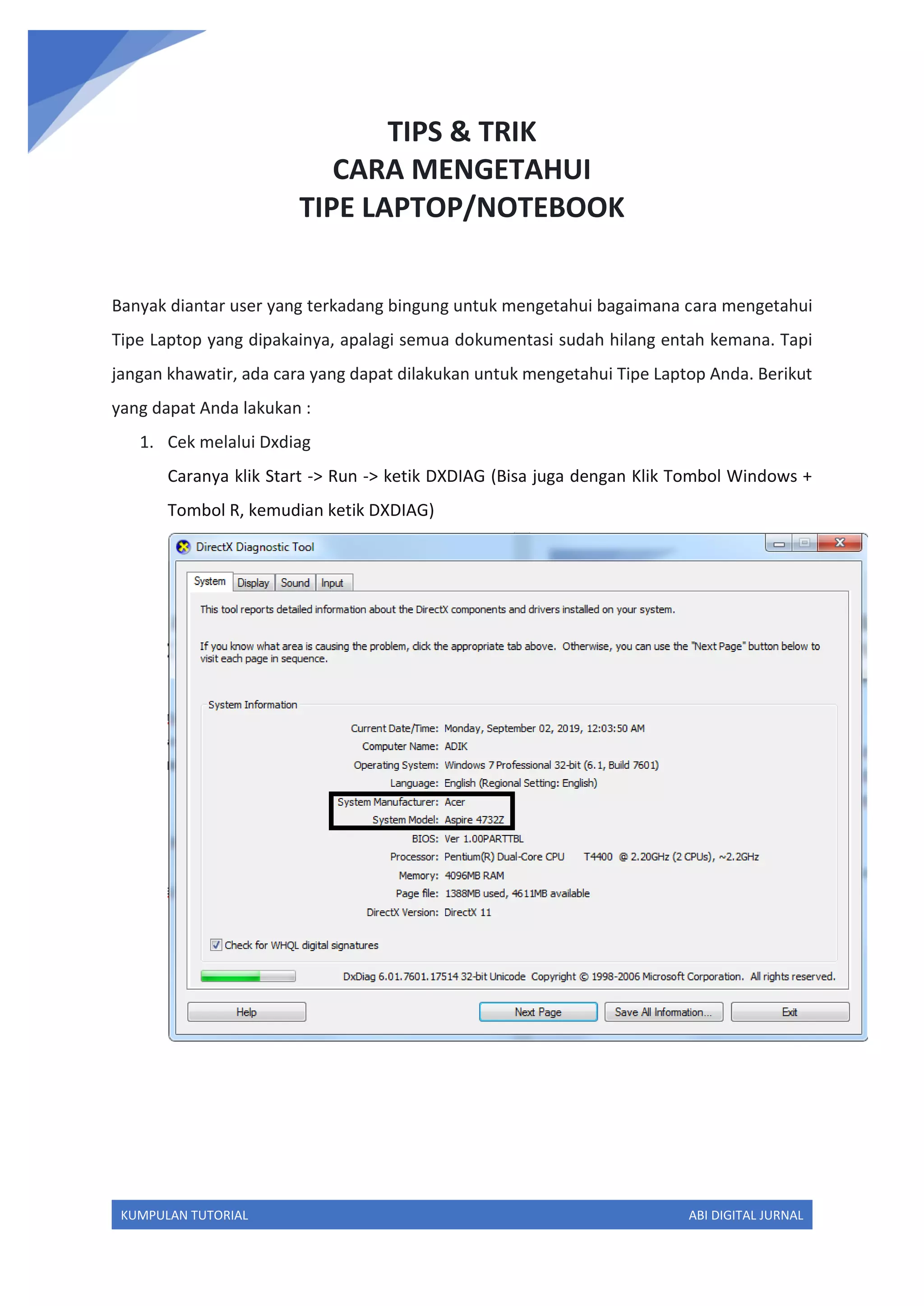Cara cek tipe laptop | PDF