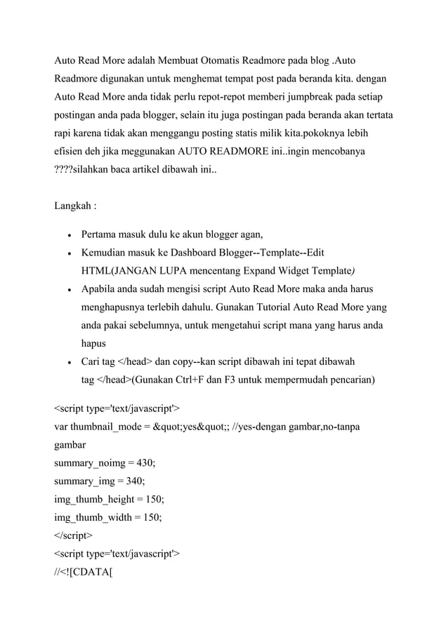 Cara cepat membuat auto readmore pada blog | PDF