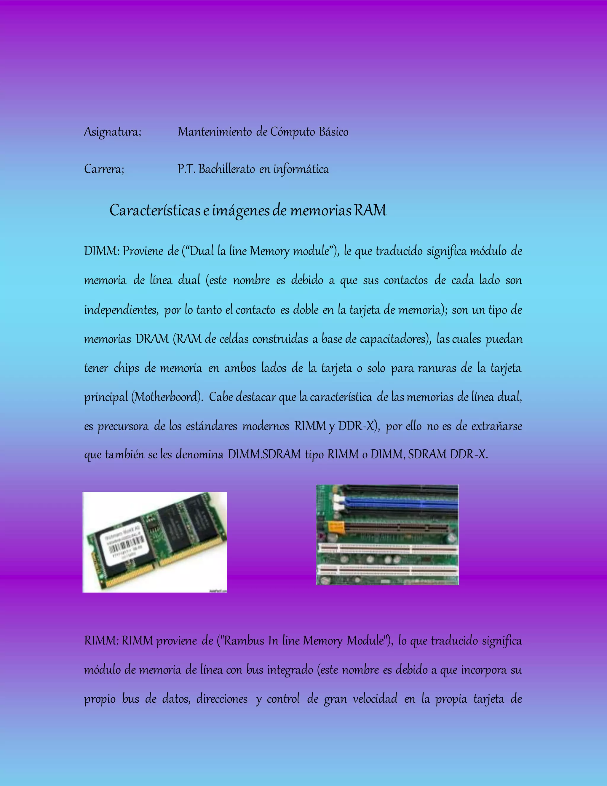 Caracteristicas e imagenes de memorias ram | DOCX