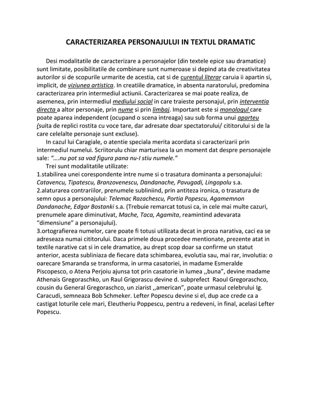 Caracterizarea personajului in textul dramatic | DOCX