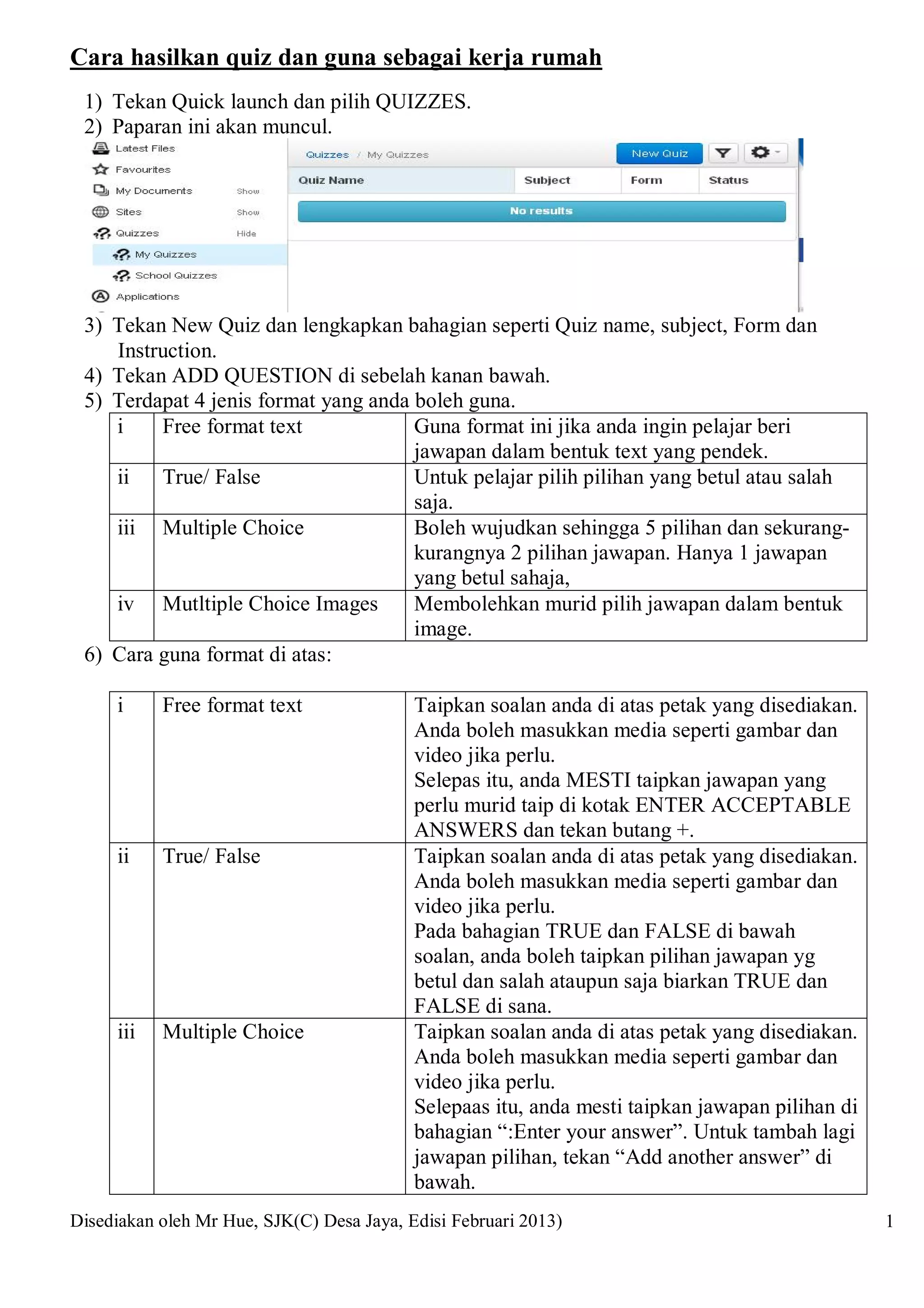Cara hasilkan quiz dan guna sebagai kerja rumah | PDF