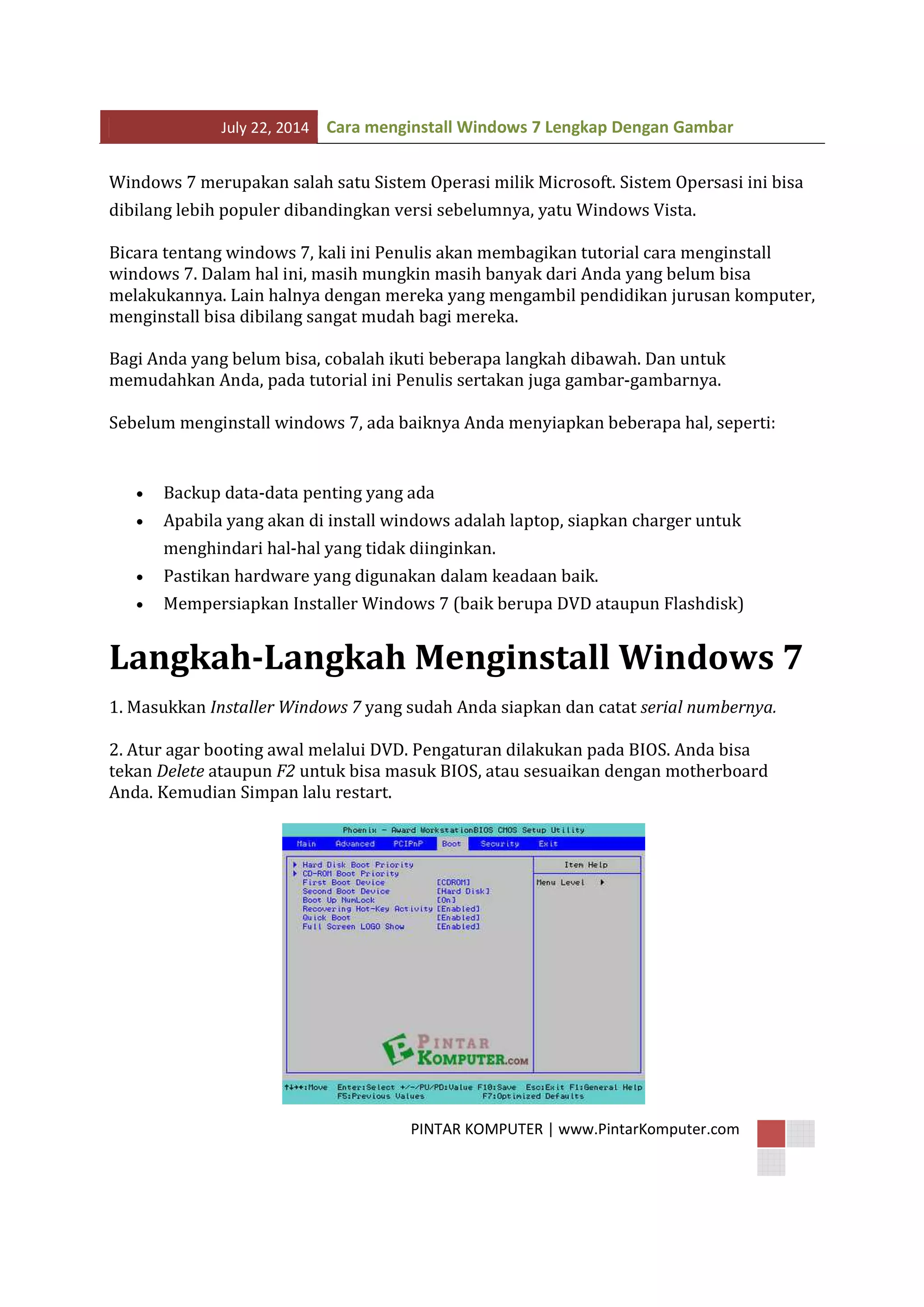 Cara install windows 7 lengkap dengan gambar | PDF