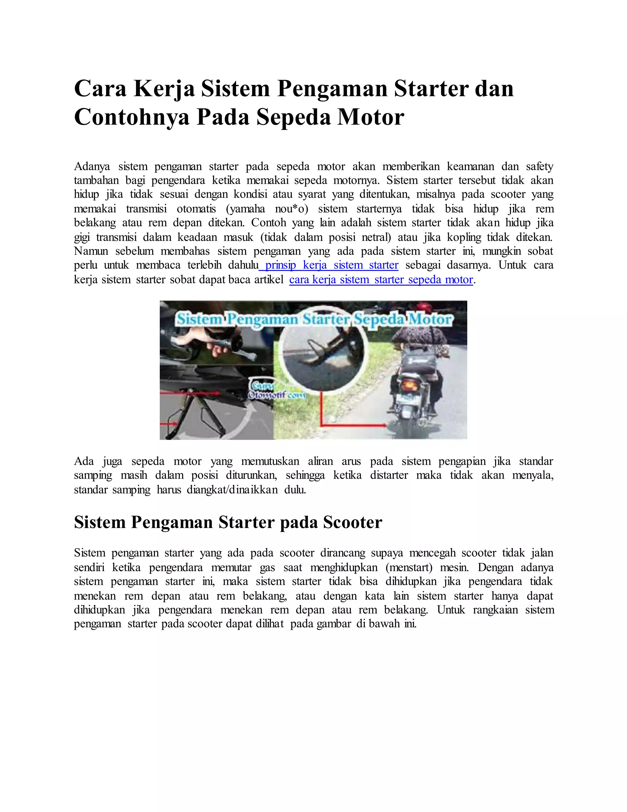 Cara kerja sistem pengaman starter dan contohnya pada sepeda motor | DOCX