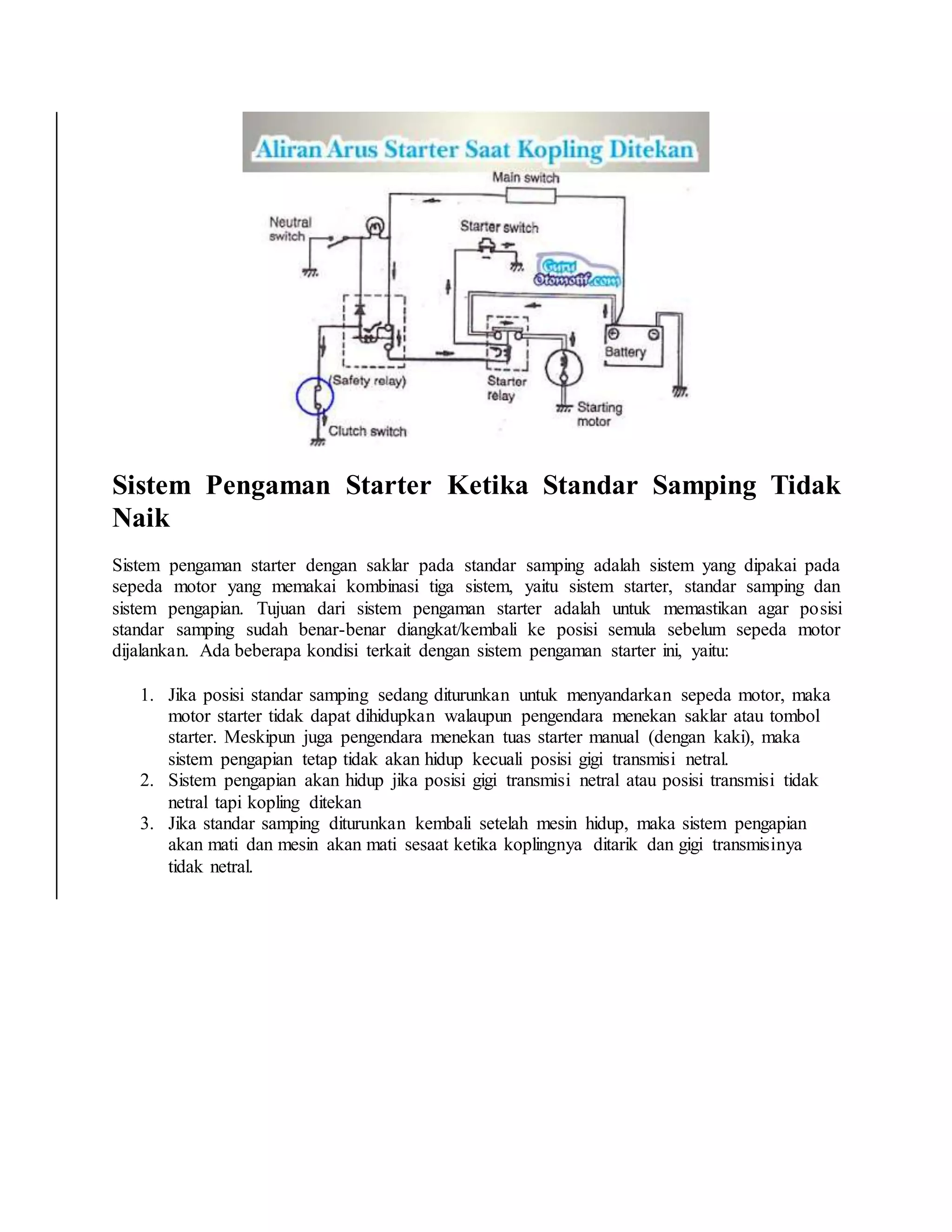 Cara kerja sistem pengaman starter dan contohnya pada sepeda motor | DOCX